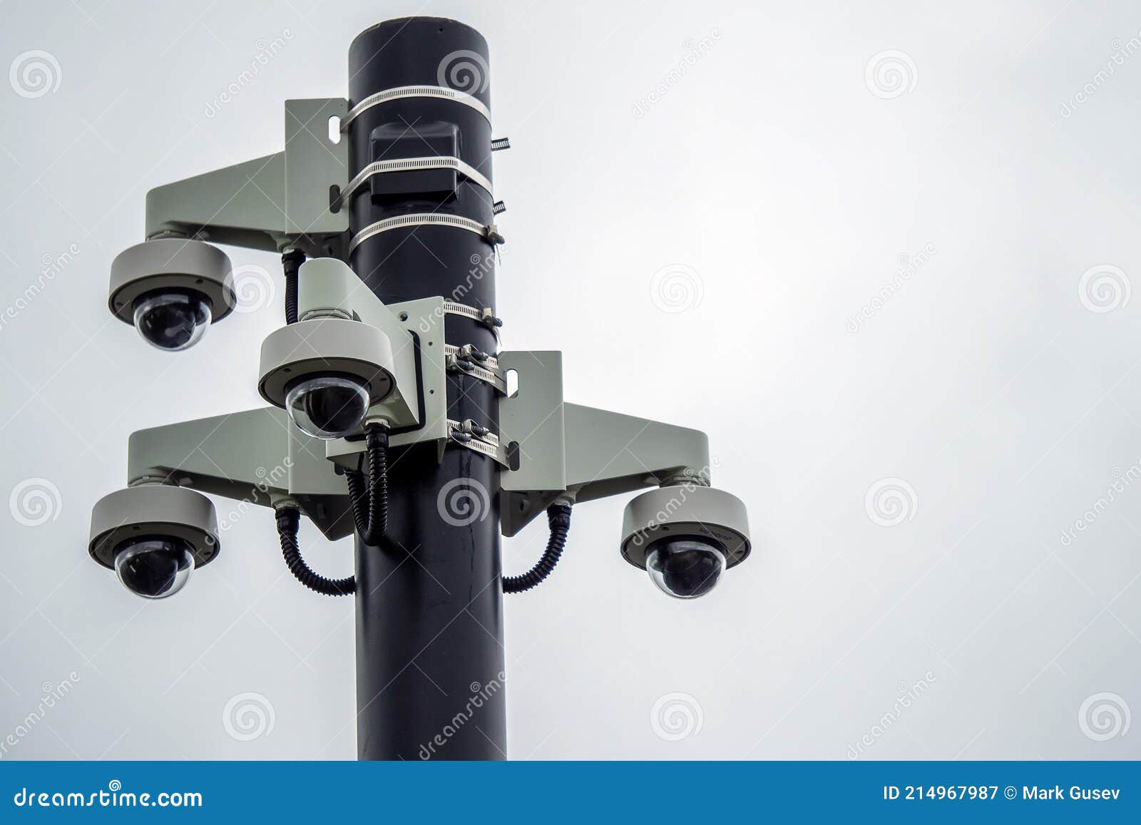 Four Spherical CCTV Cameras Fixed on a Black Metal Pole. Security and ...