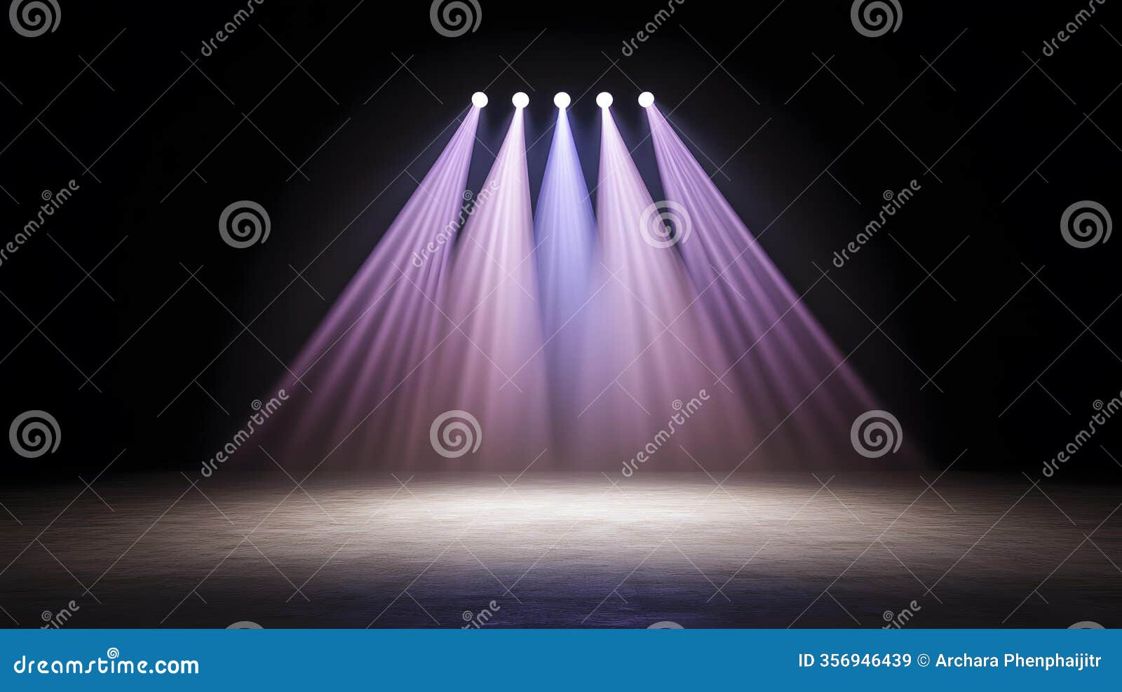 Four Spotlights Illuminate a Dark Stage with Purplish Beams of Light ...
