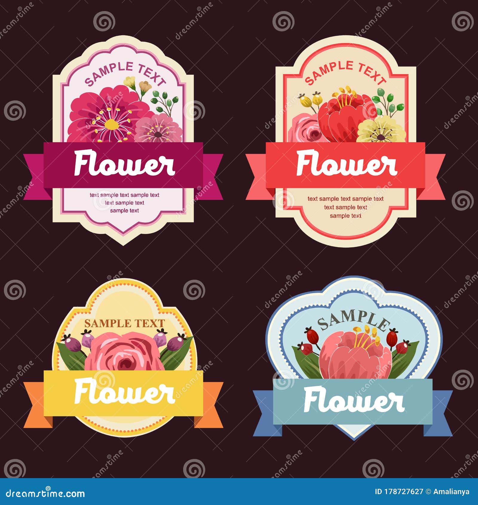 Four Spring Flowers Label with Ribbon Stock Vector - Illustration of ...