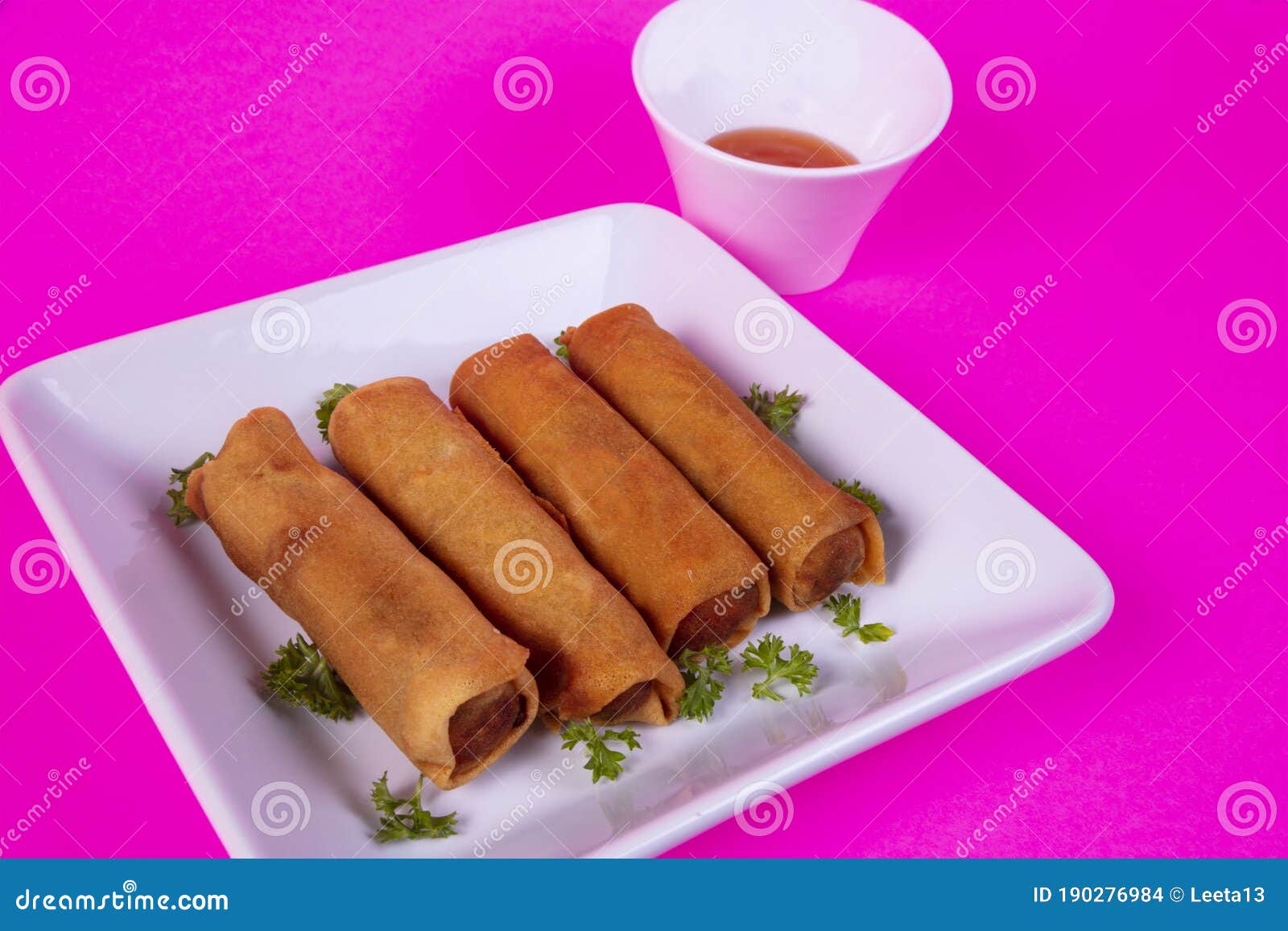 Four Spring Roll Appetizers with Duck Sauce Stock Photo - Image of ...