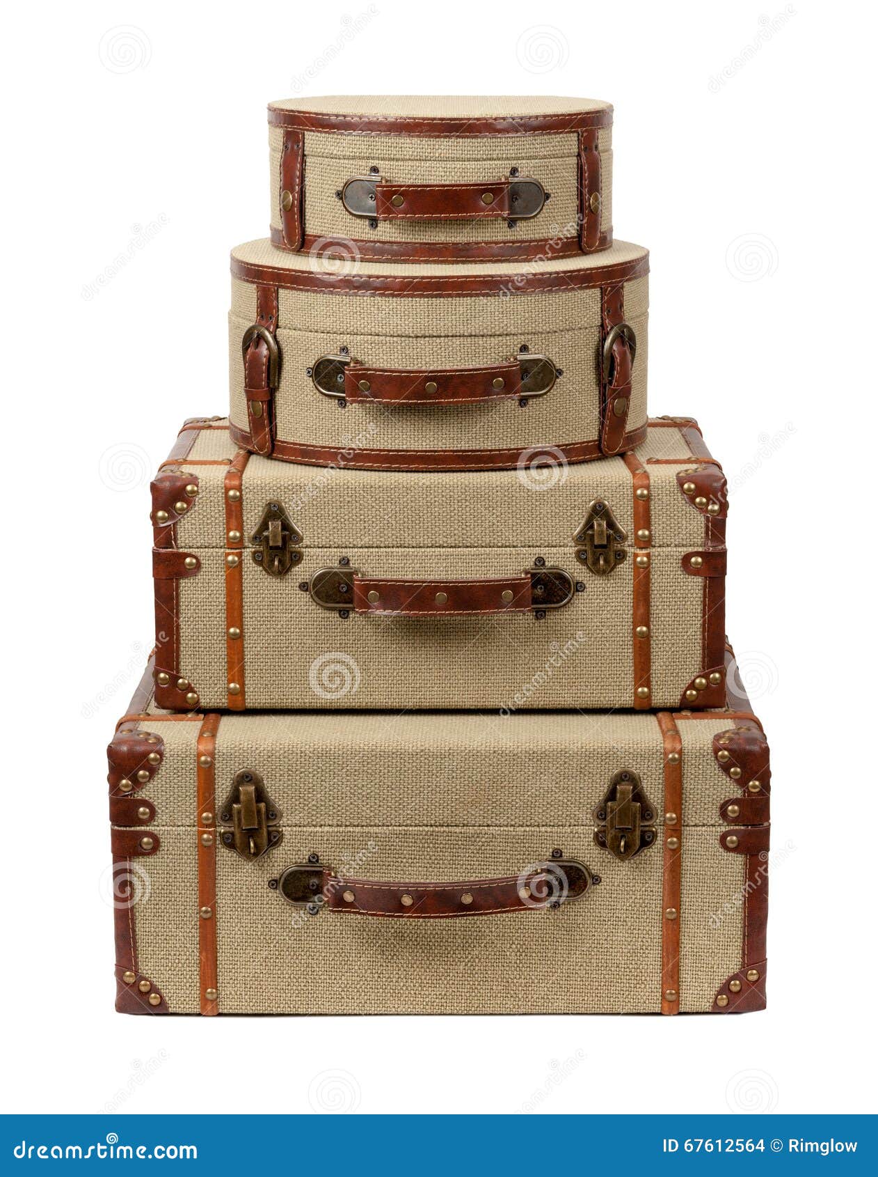 Four Stacked Deco Burlap Suitcases Stock Photo - Image of leather ...