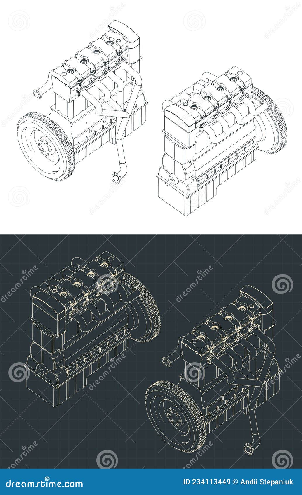 Four-stroke Car Engine Isometric Blueprints Stock Vector - Illustration ...