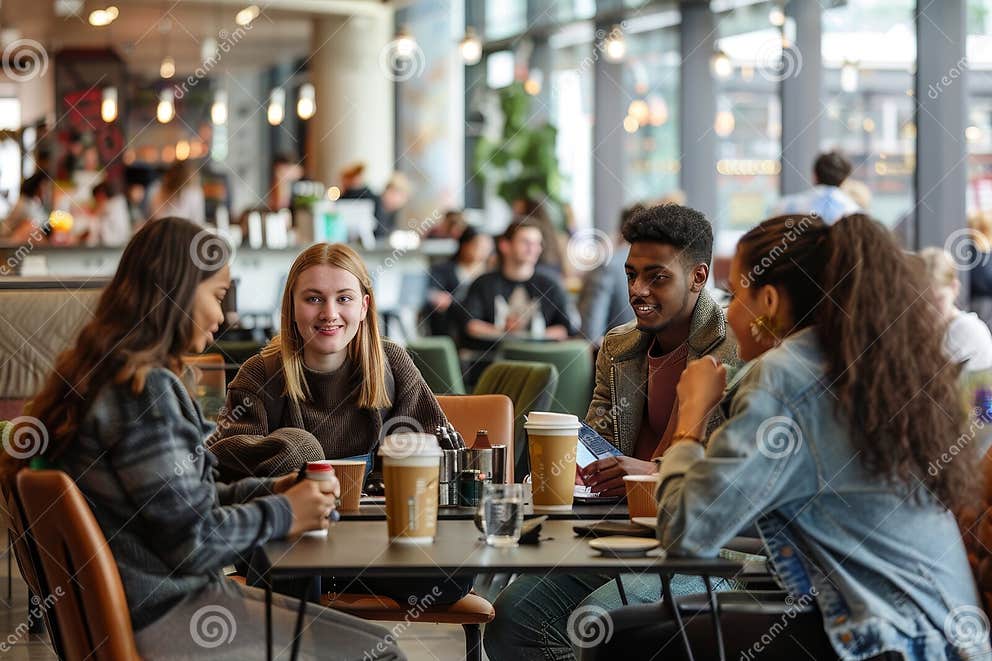 Four Students Chat and Enjoy Beverages at a Cafe Table on Campus ...
