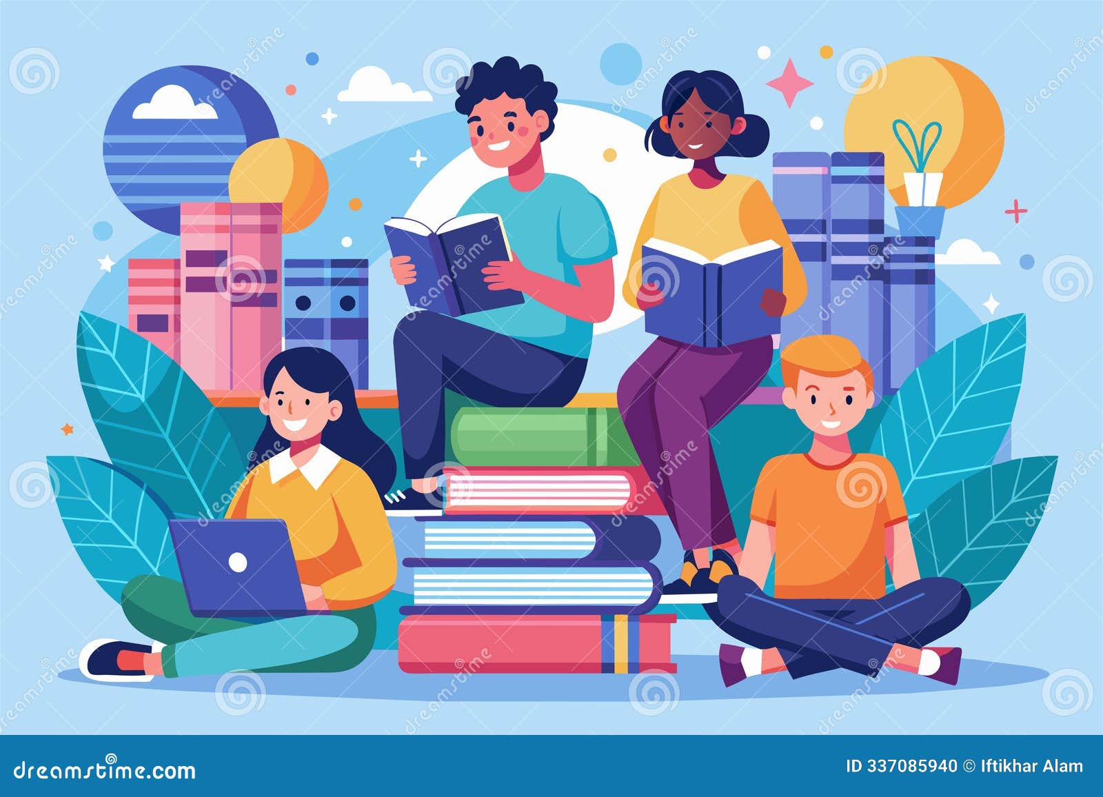 Four Students Engage in Reading Books and Using Laptops in a Lively ...