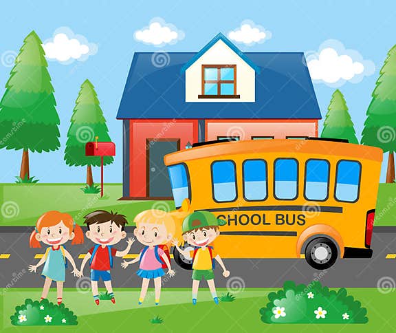 Four Students Going Home by School Bus Stock Vector - Illustration of ...
