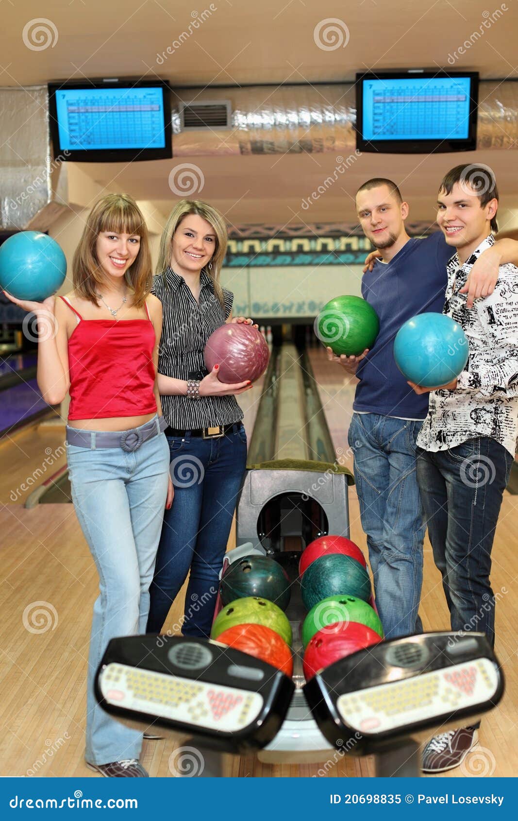 Four Students Stand Near Tenpin Bowling with Balls Stock Image - Image ...