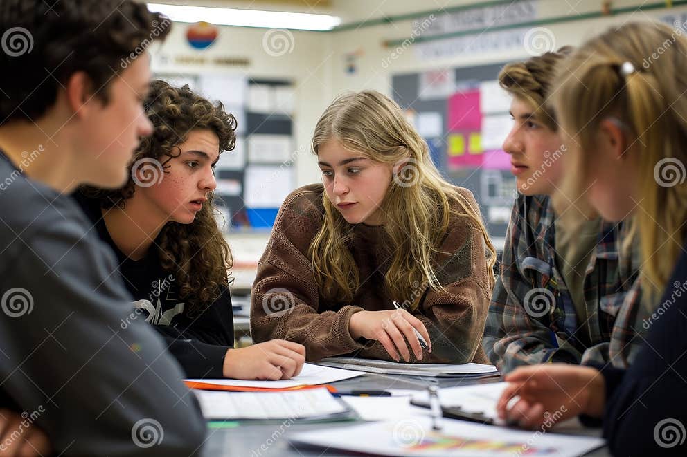 Four Students Working Together on a Project in a Classroom Setting ...