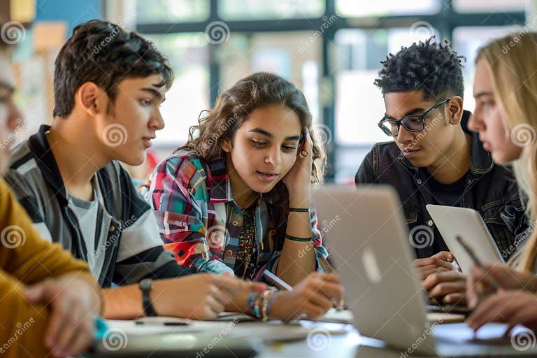 Four Students Working Together on a Project Using a Laptop and Tablet ...