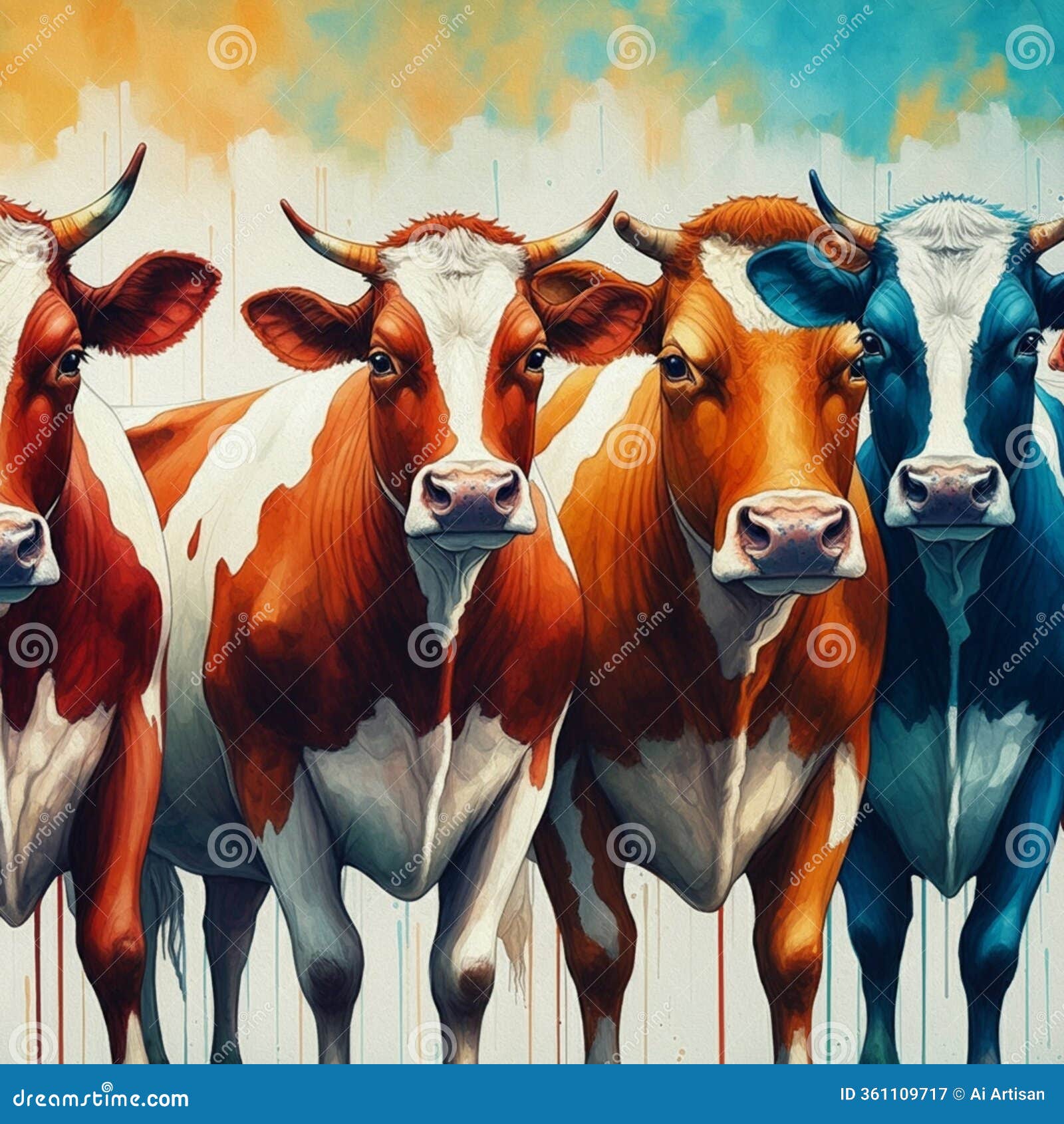Four Stylized Cows Stand in a Row, Each with Unique Color Patterns ...
