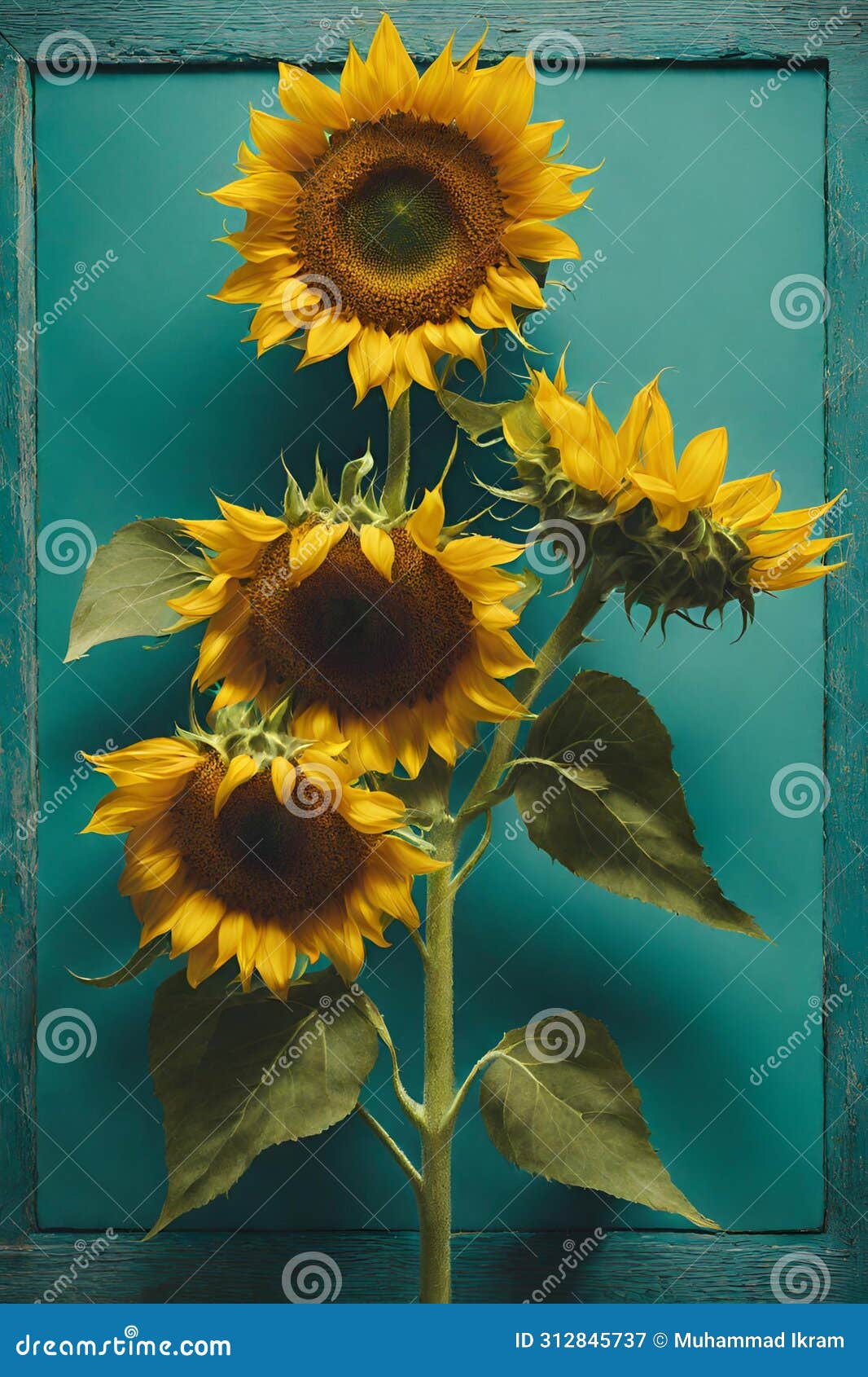 Radiant Blooms: Four Sunflowers in Full Splendor on Teal Surface Stock ...