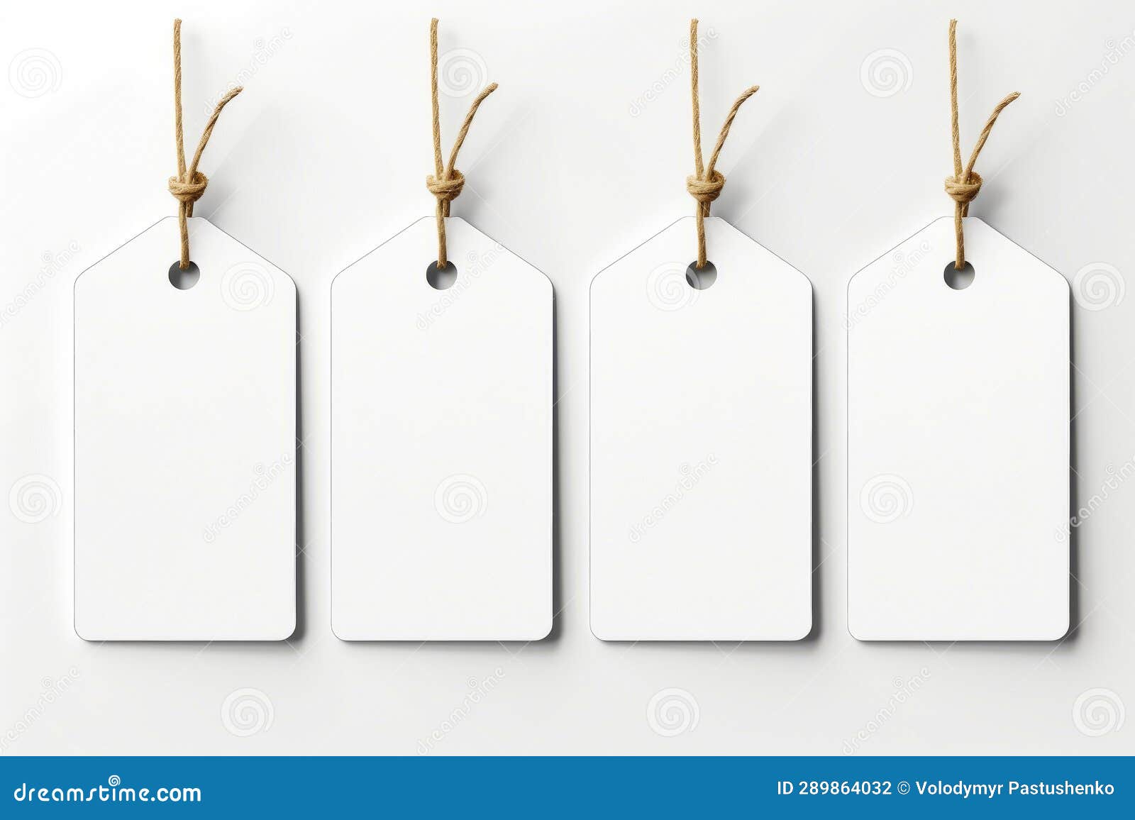 Four Tags with Rope Hanging from Them on White Wall. Generative AI ...