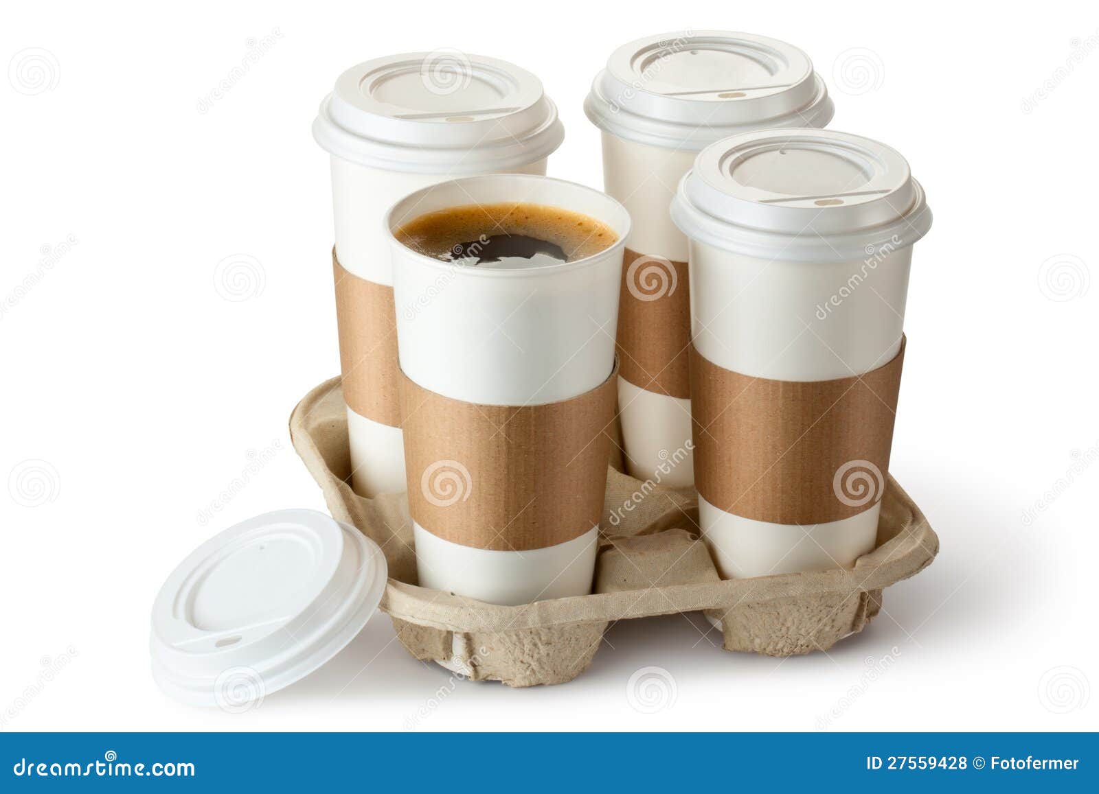 Four Take-out Coffee In Holder. One Cup Is Opened. Royalty Free Stock ...