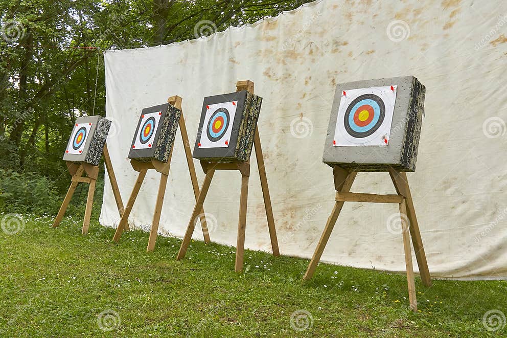 Four Targets in a Row for Archery in Front of a Stretched Canvas Stock ...