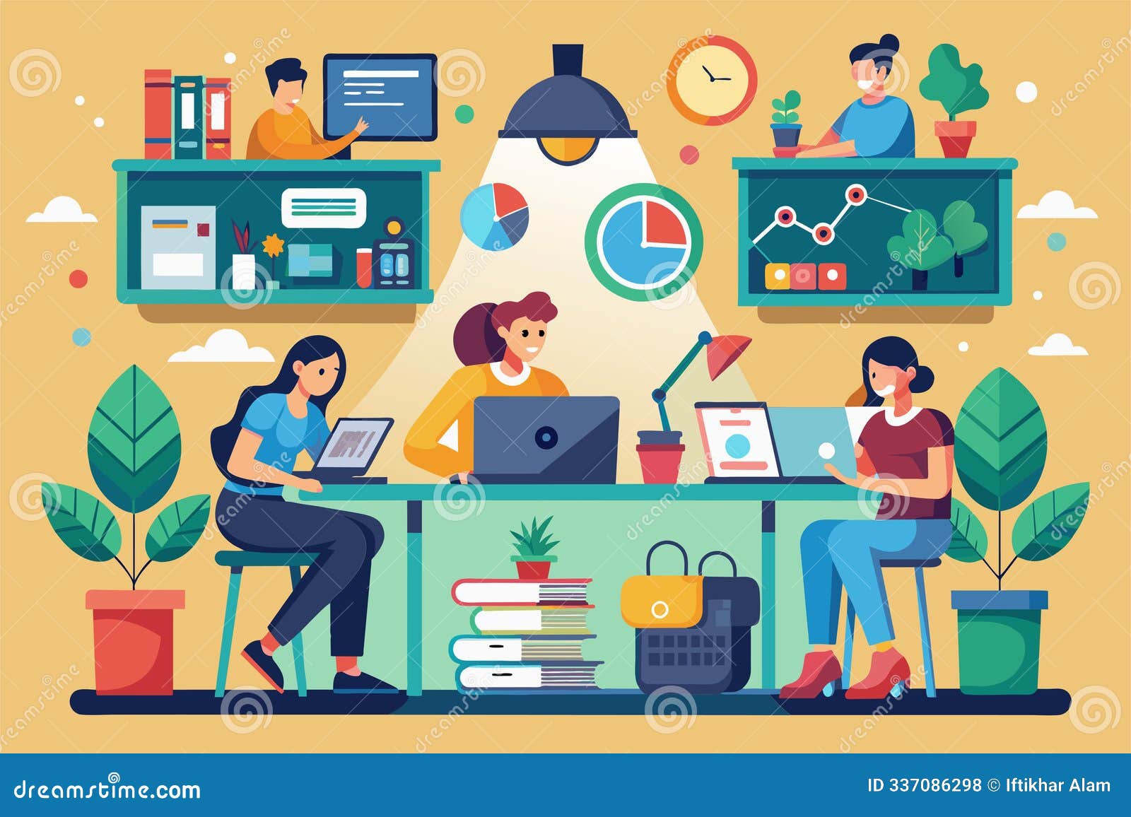 Four Team Members Engage in Productive Tasks Using Devices in a Vibrant ...