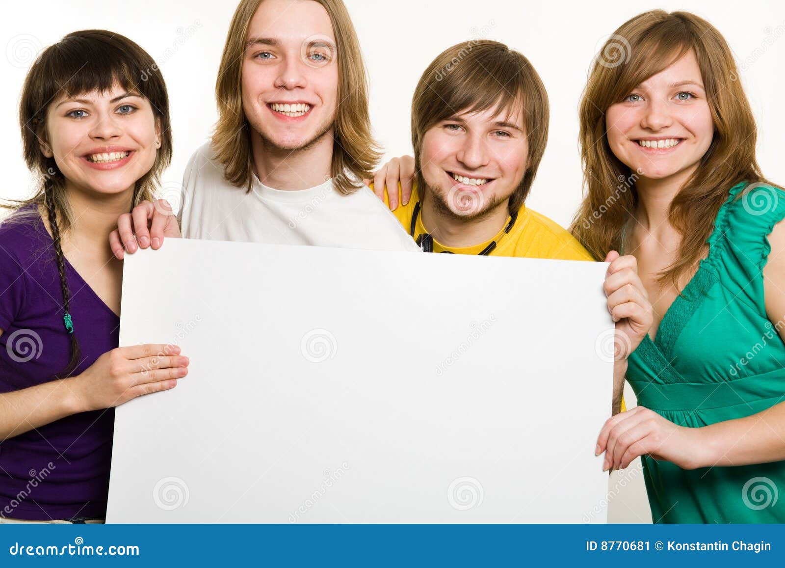 Four Teenagers with a Poster in Front Stock Image - Image of male ...