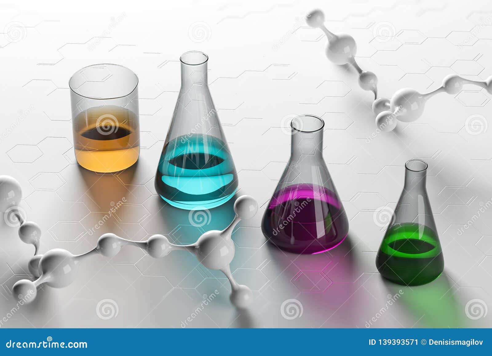 Four Test Tubes and Molecule Model Stock Illustration - Illustration of ...