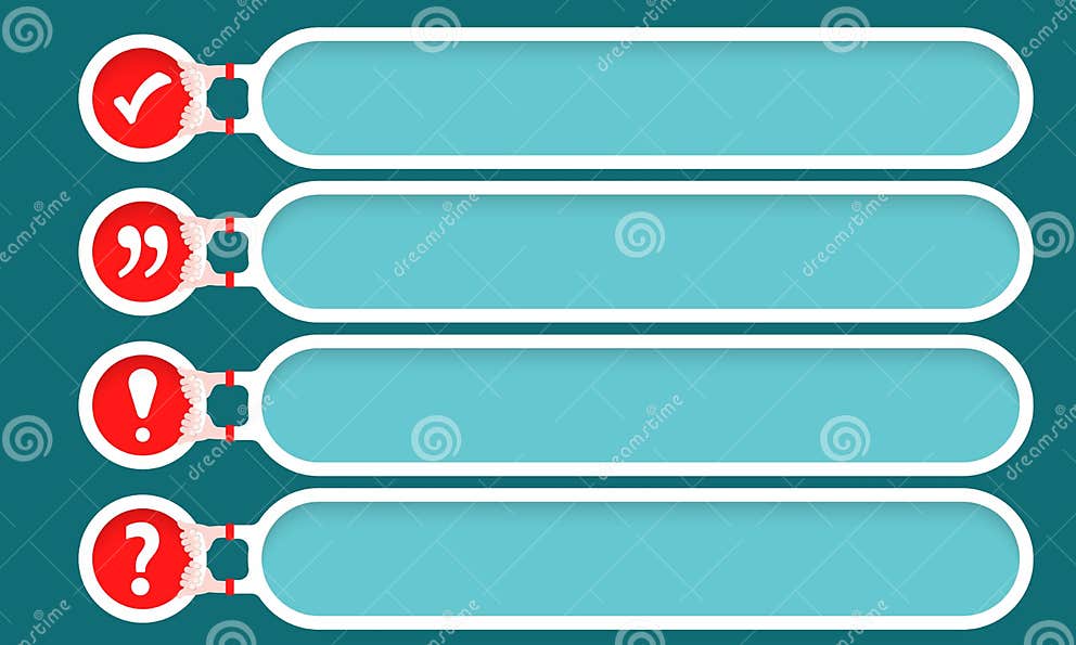 Four Text Boxes Width Check Box, Exclamation Mark, Question Mark Stock ...