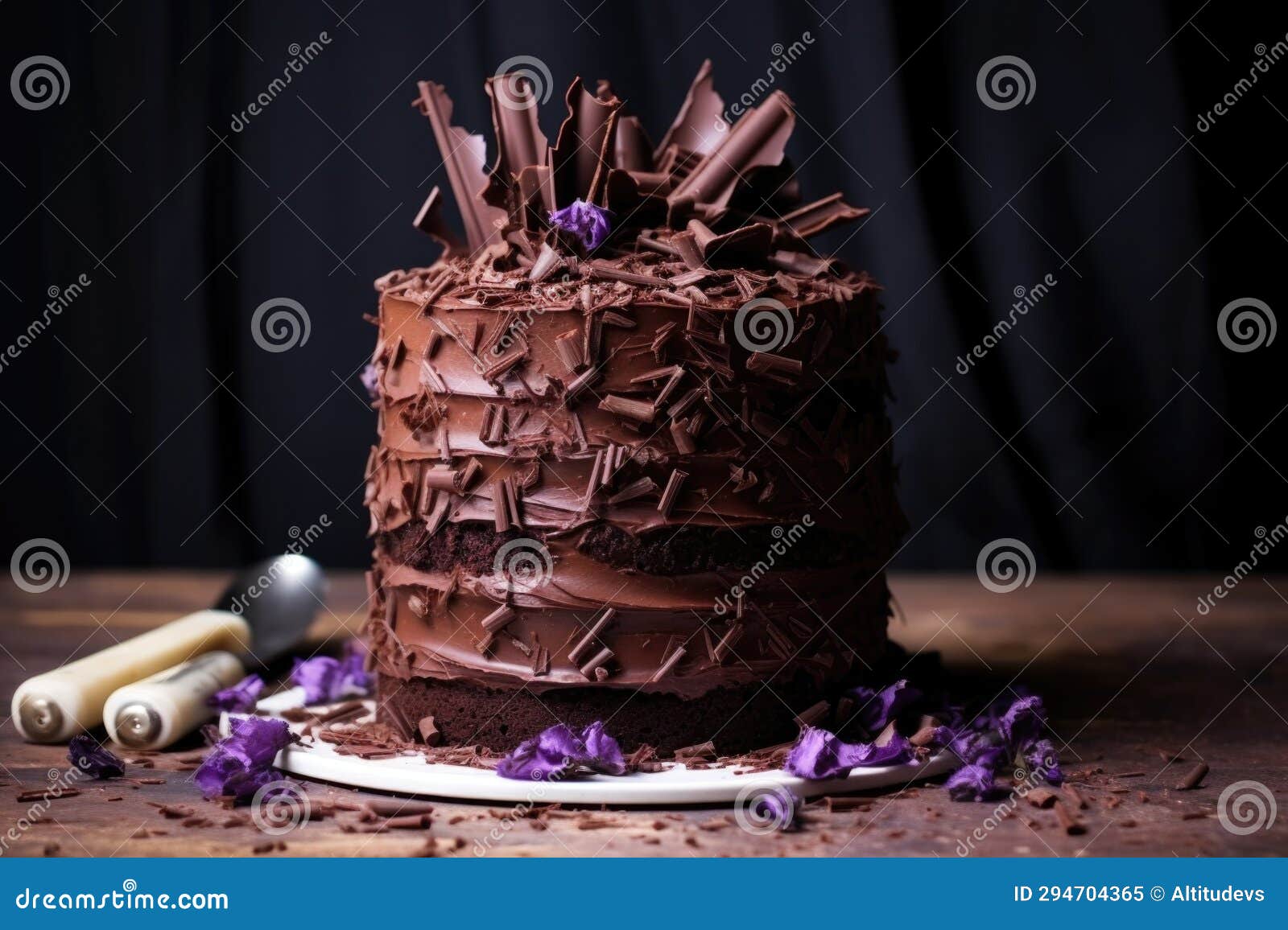 A Four-tiered Chocolate Cake Covered with Curled Chocolate Shavings ...