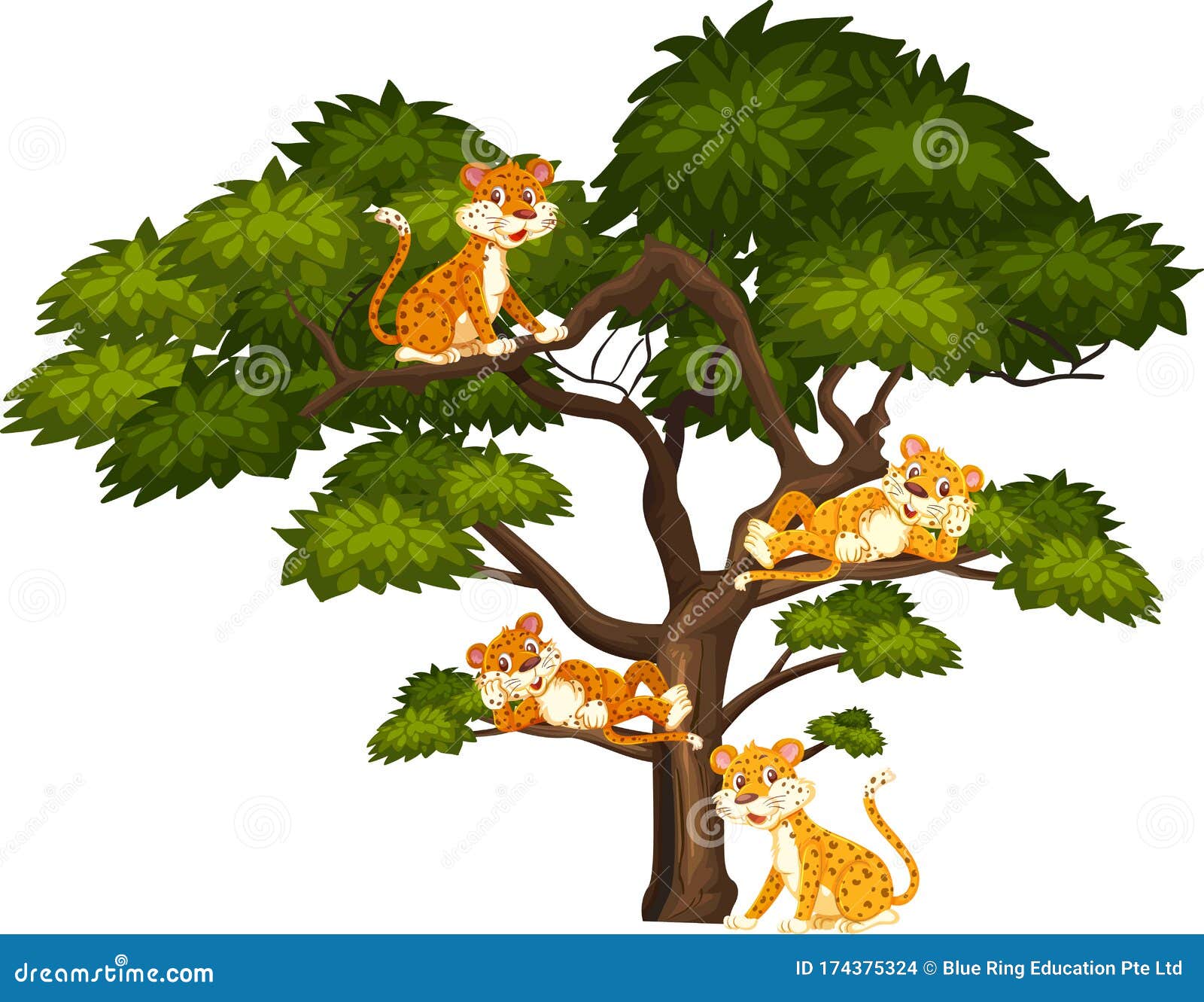 Four Tigers Sitting on the Big Tree Stock Vector - Illustration of cute ...