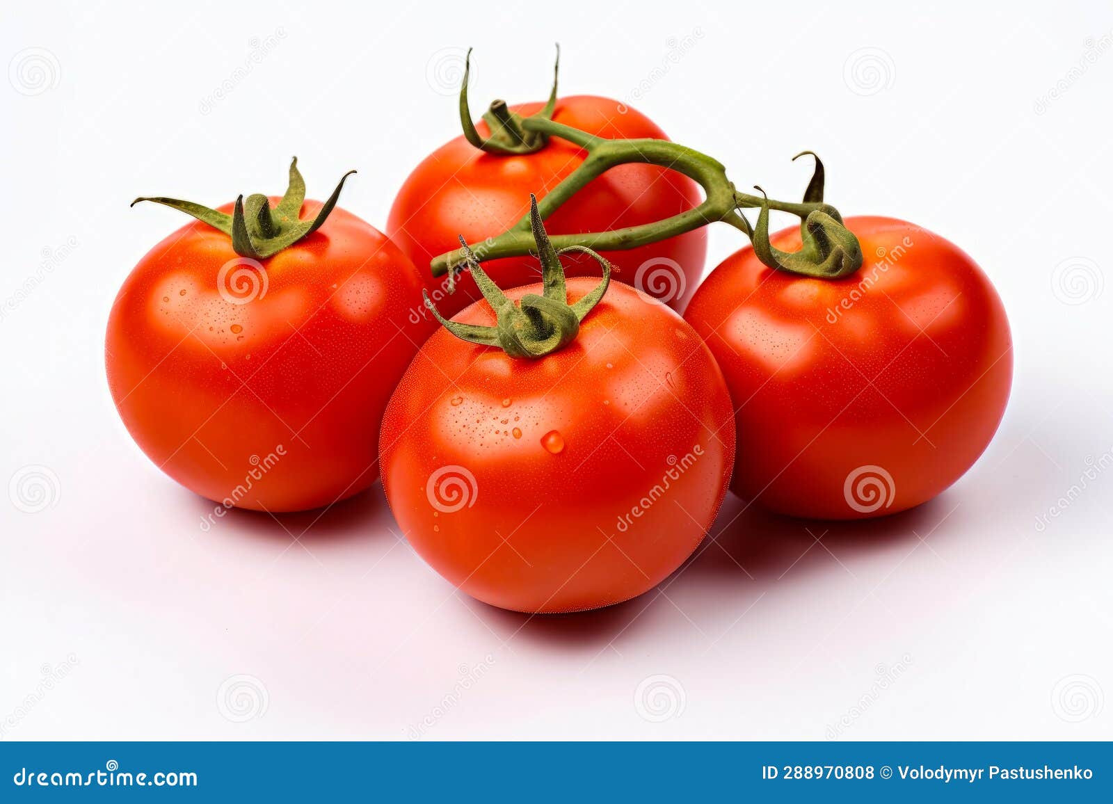 Four Tomatoes with Green Stems on White Surface with Water Droplets ...