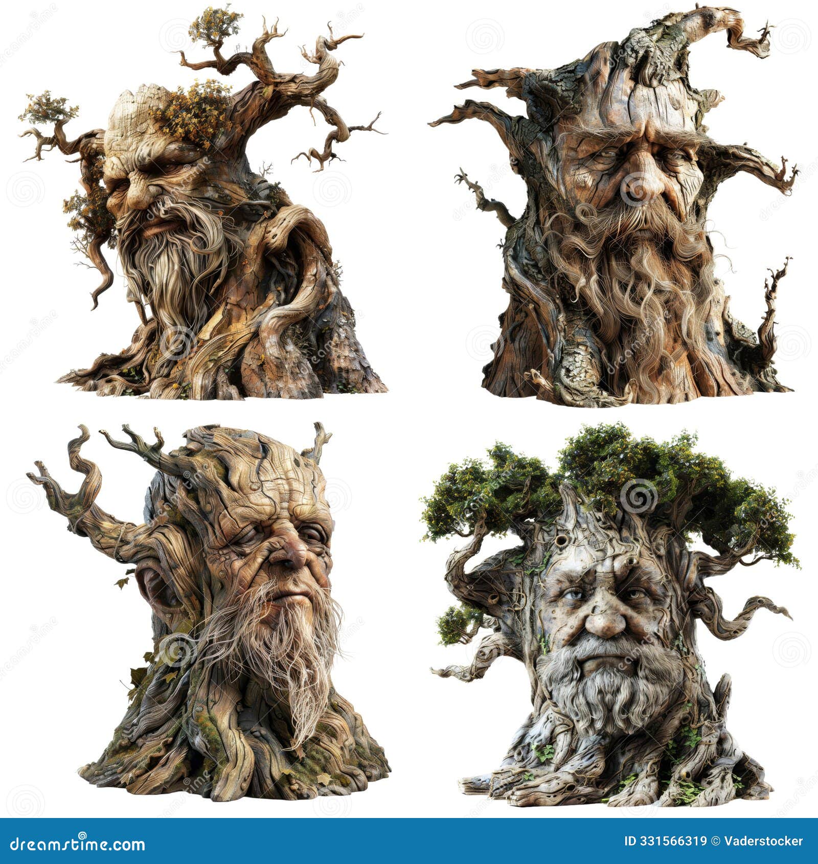 Four Tree Spirits with Humanoid Faces and Beards Stock Illustration ...