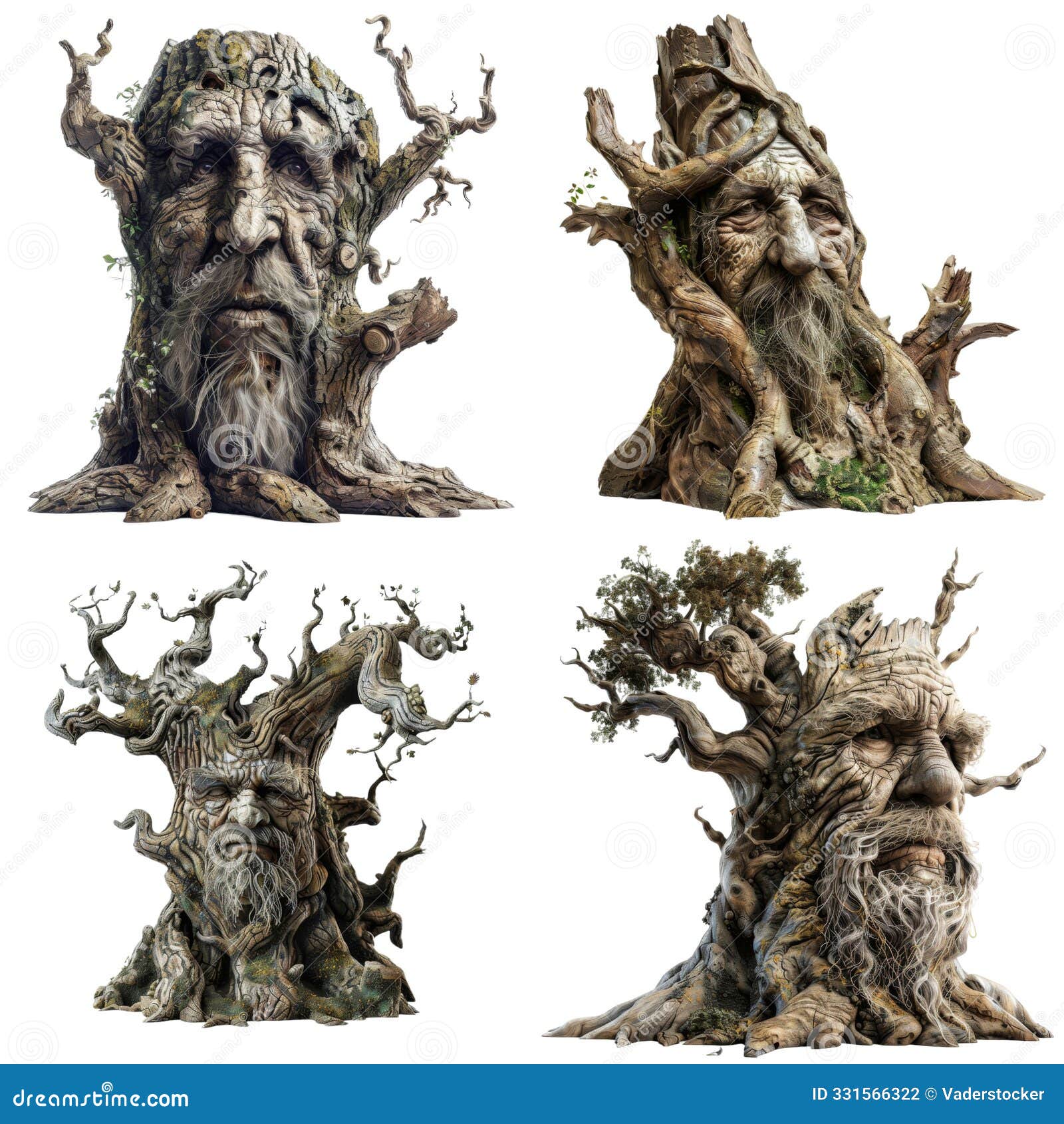 Four Tree Trunks with Humanoid Faces Stock Illustration - Illustration ...