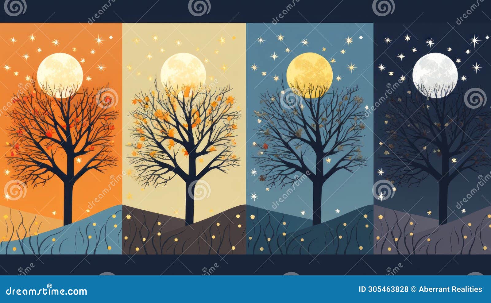 Four Trees with the Moon and Stars in the Background Stock Illustration ...