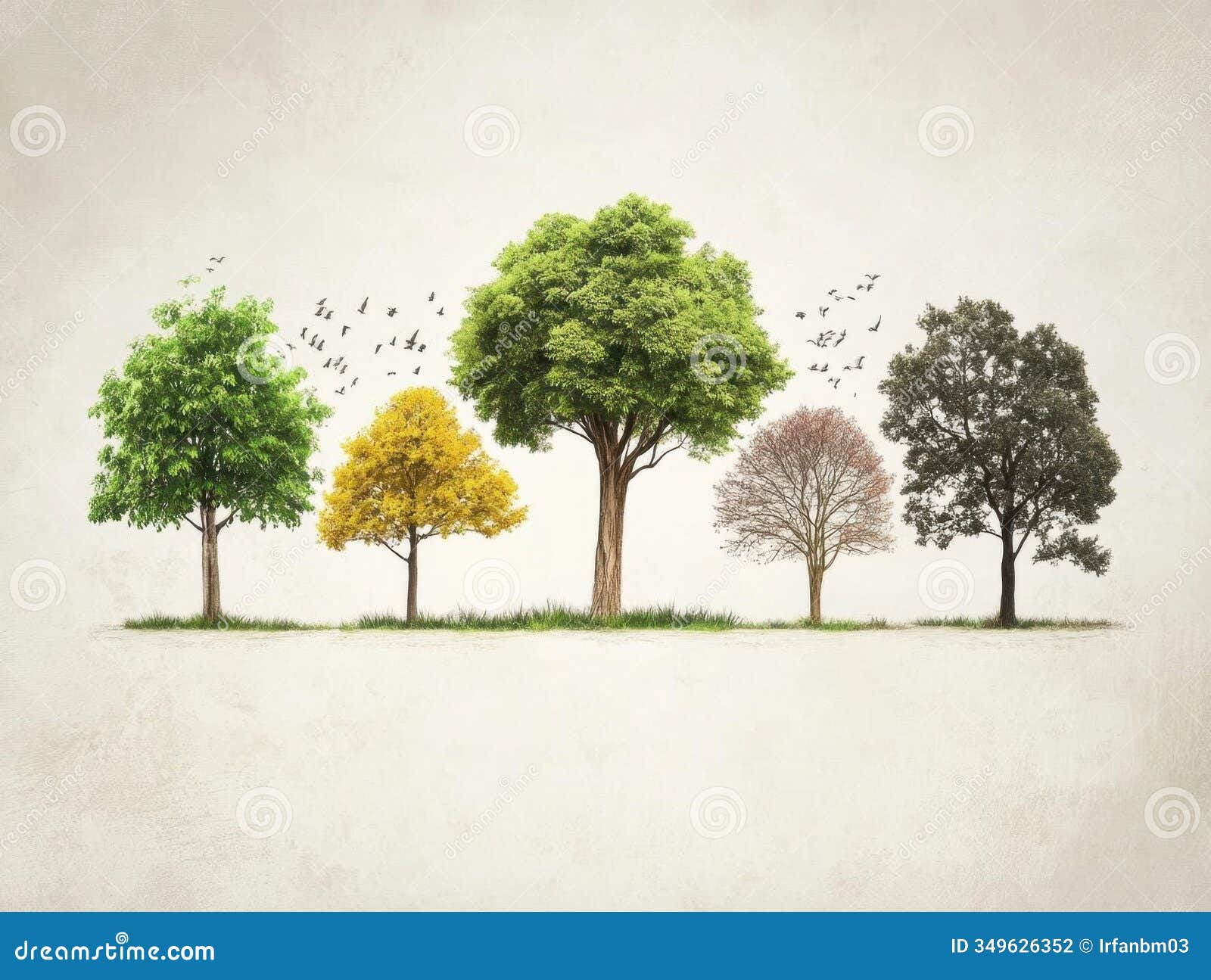 Four Trees Symbolize the Cycle of Life with Birds Flying Above Stock ...