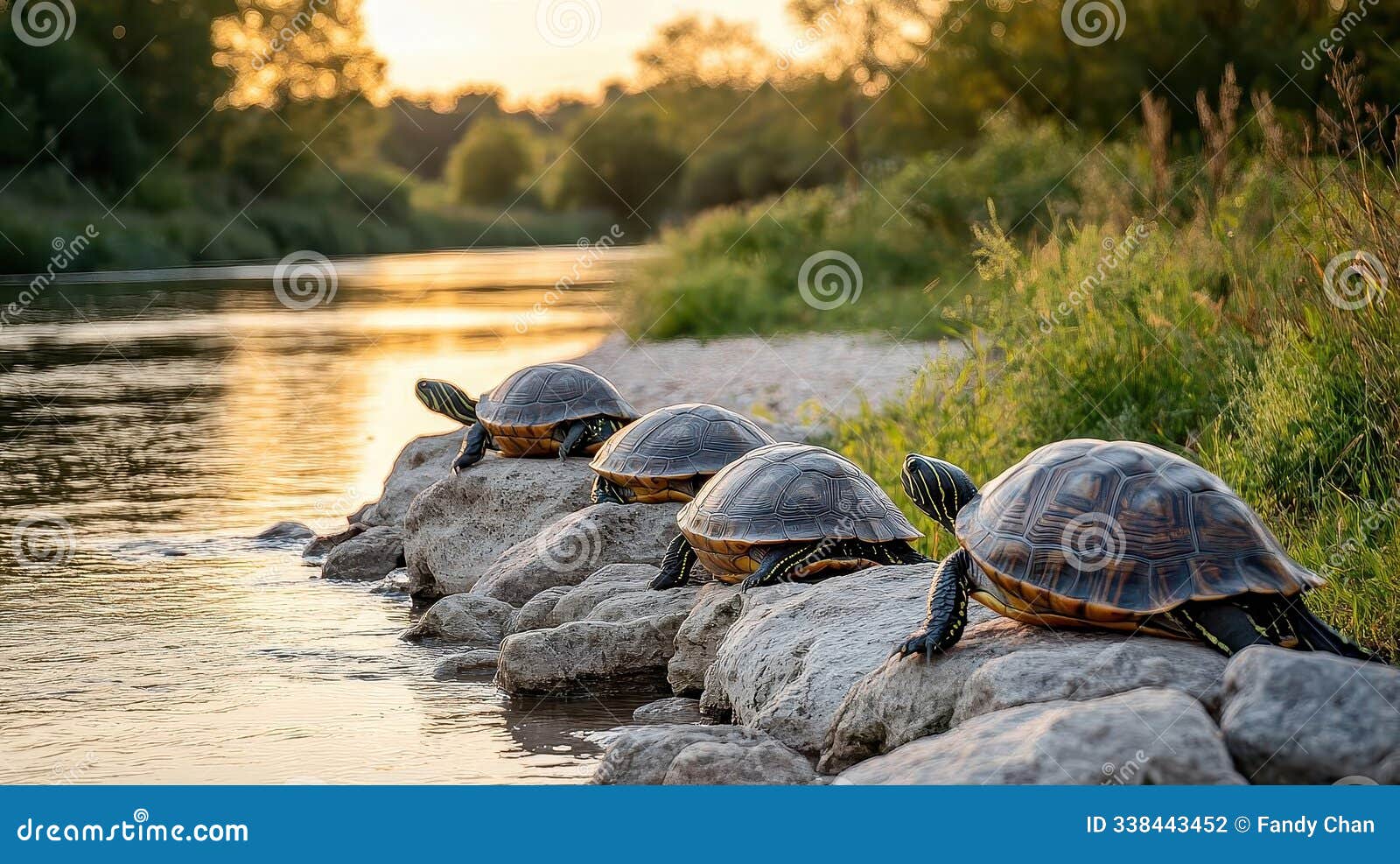Four Turtles Lined Up on Rocks by the River Stock Illustration ...
