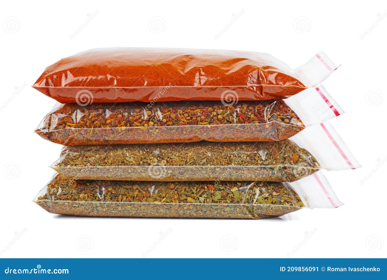 Four Types of Spicies in Plastic Packet Isolated on a White Stock Image ...