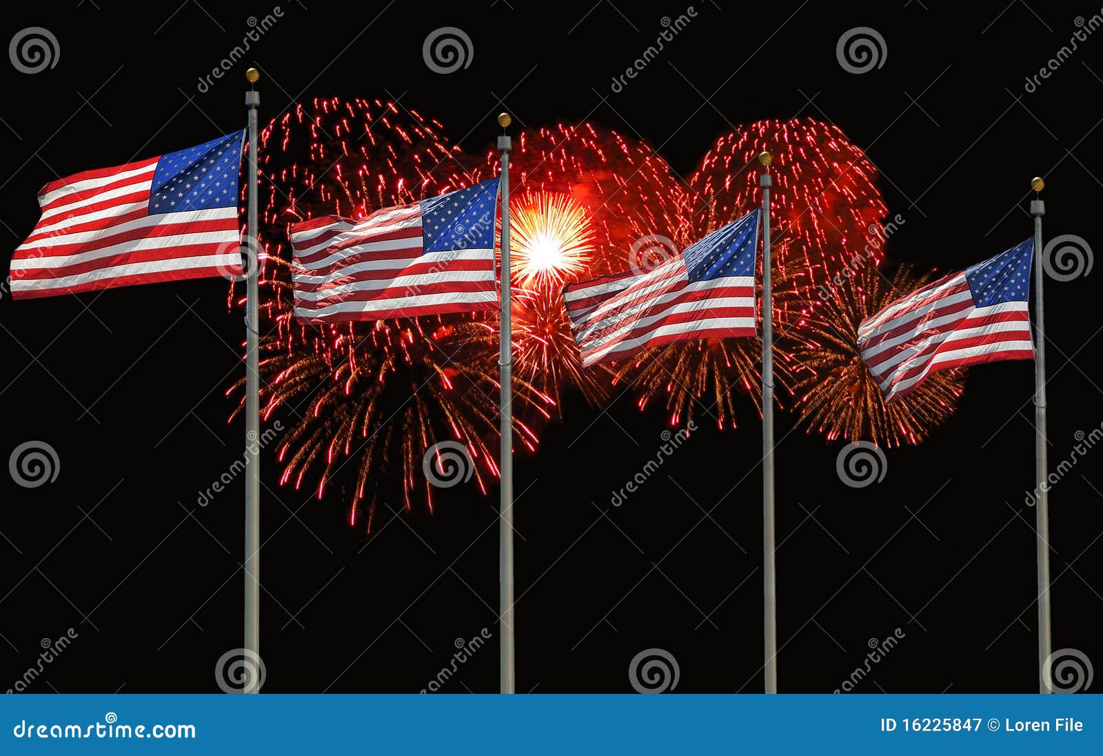 Four U.S. Flags and Fireworks Stock Image - Image of bright, american ...