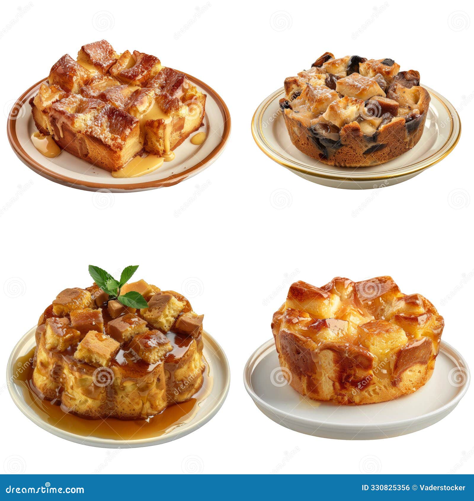 Four Variations of Bread Pudding with Toppings Stock Illustration ...