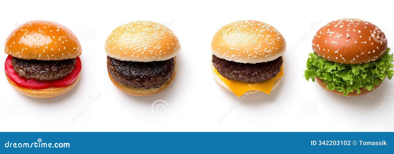 Four Varieties of Classic Burgers with Different Toppings and Buns on ...