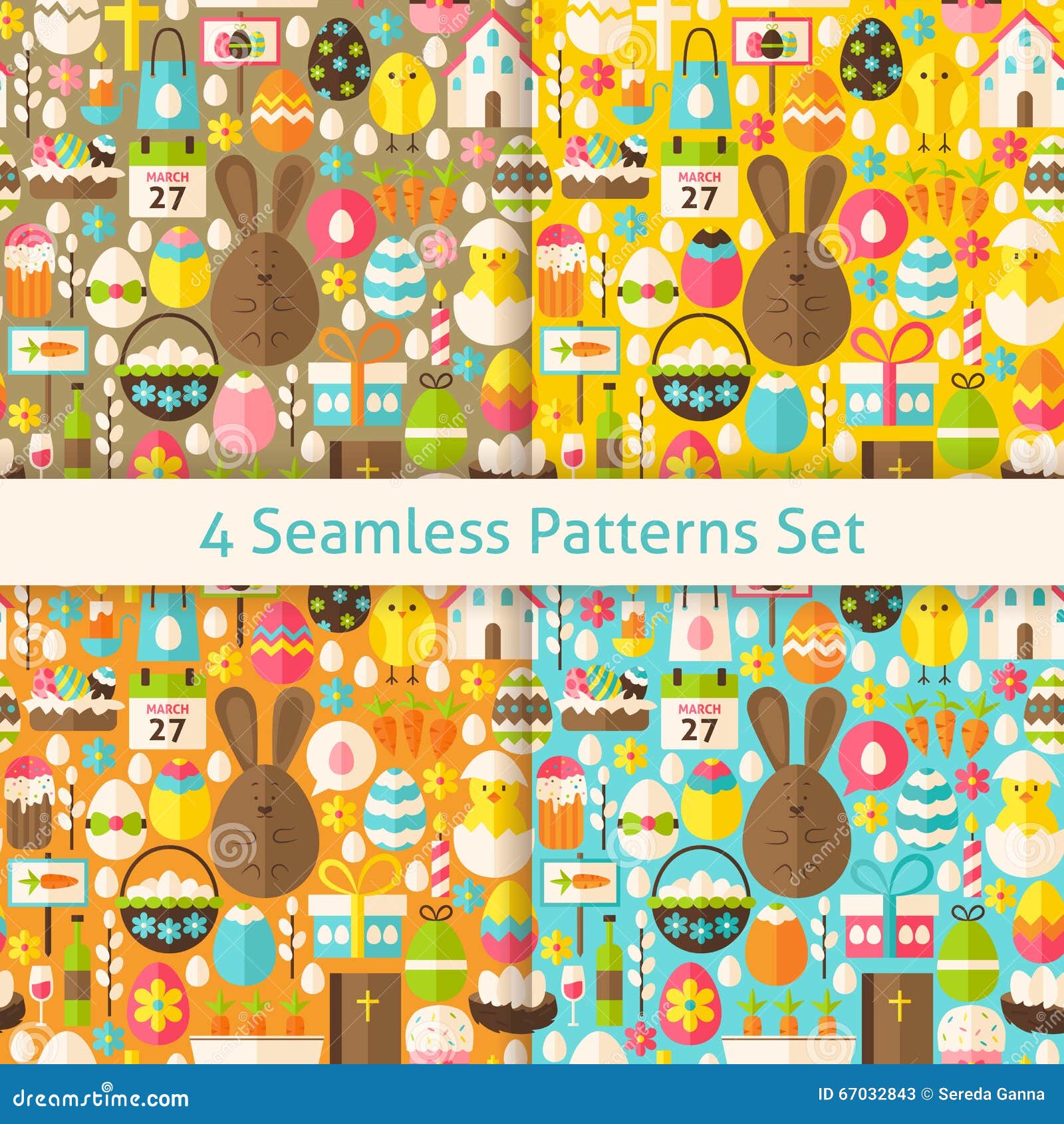 Four Vector Flat Happy Easter Seamless Patterns Set Stock Vector ...