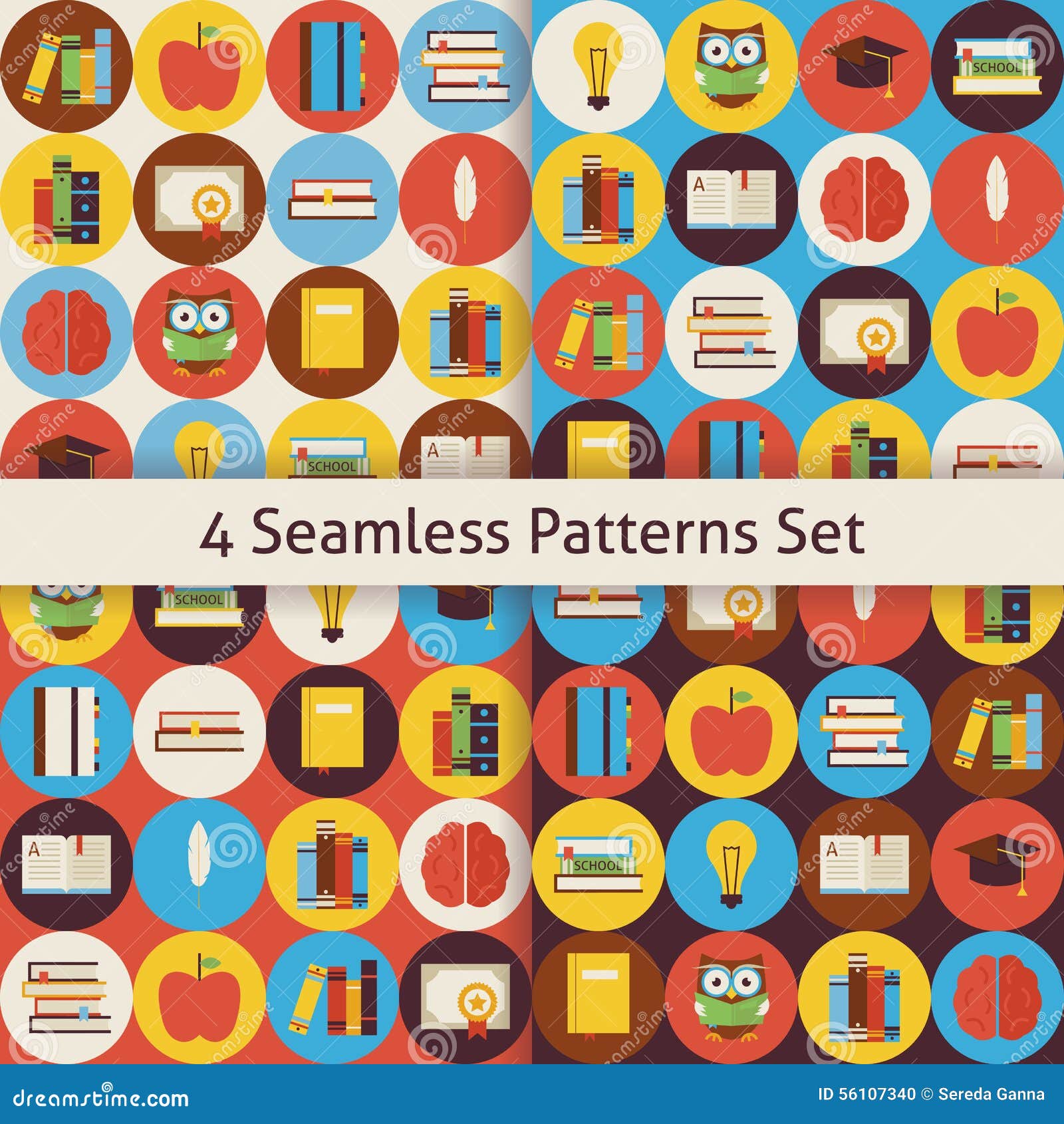 Four Vector Flat Seamless Back To School Patterns Set with Color Stock ...