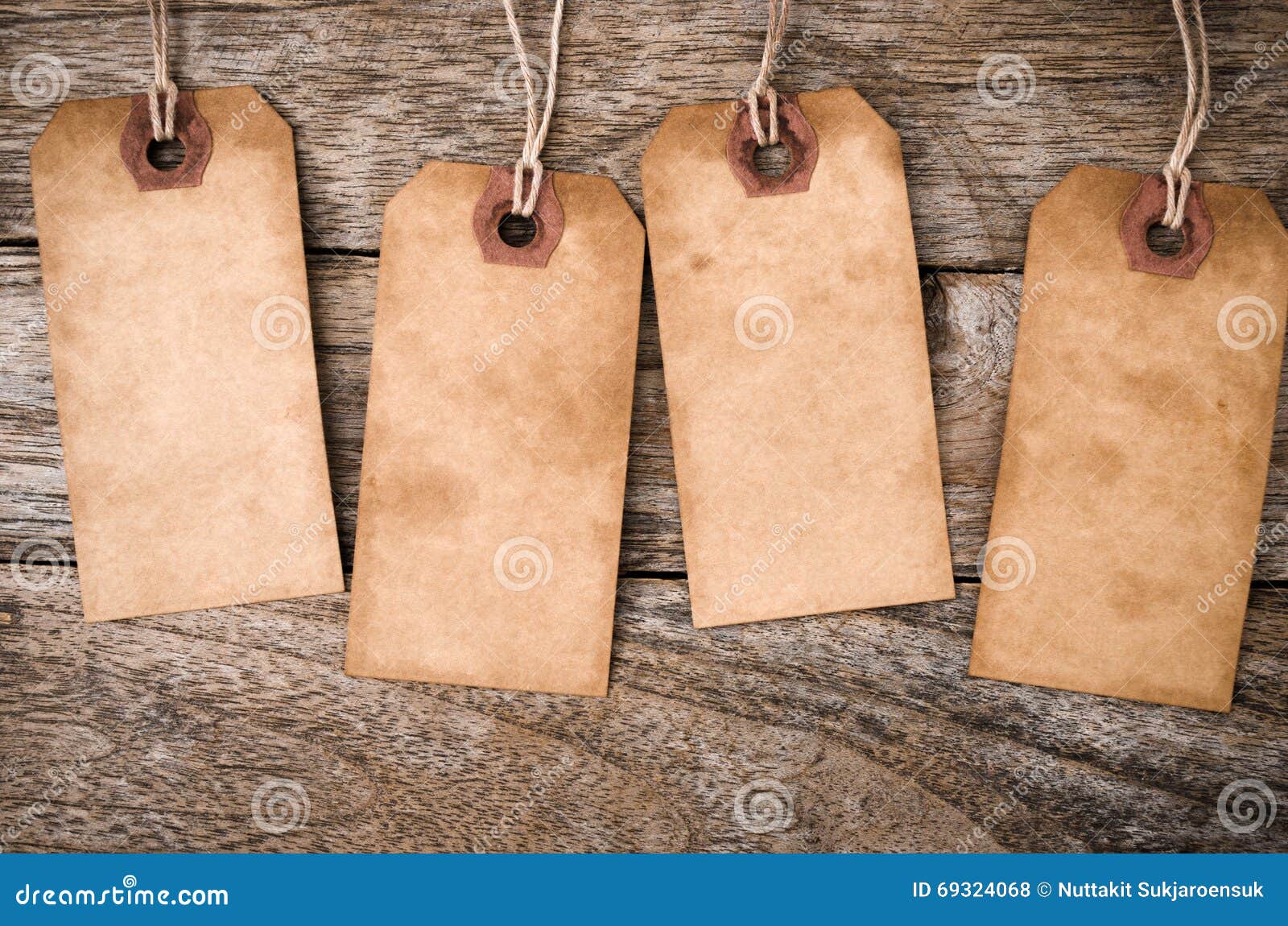 Four Vertical Vintage Paper Label on Wood Stock Photo - Image of wood ...