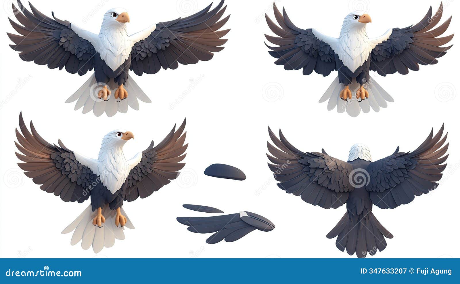 Four Views of a 3D-rendered Bald Eagle with Separate Wing Assets Stock ...
