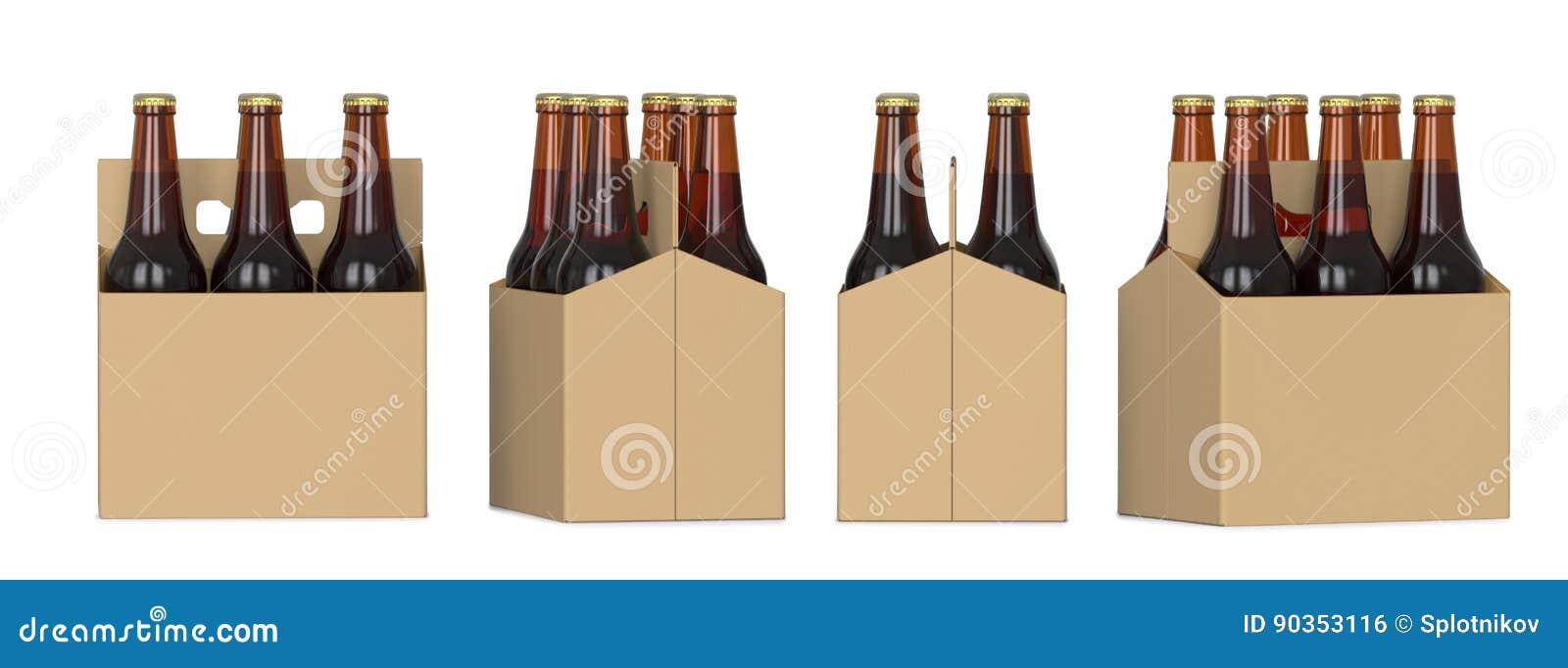 Four Views of a Six Pack of Brown Beer Bottles in Cardboard Box. 3D ...