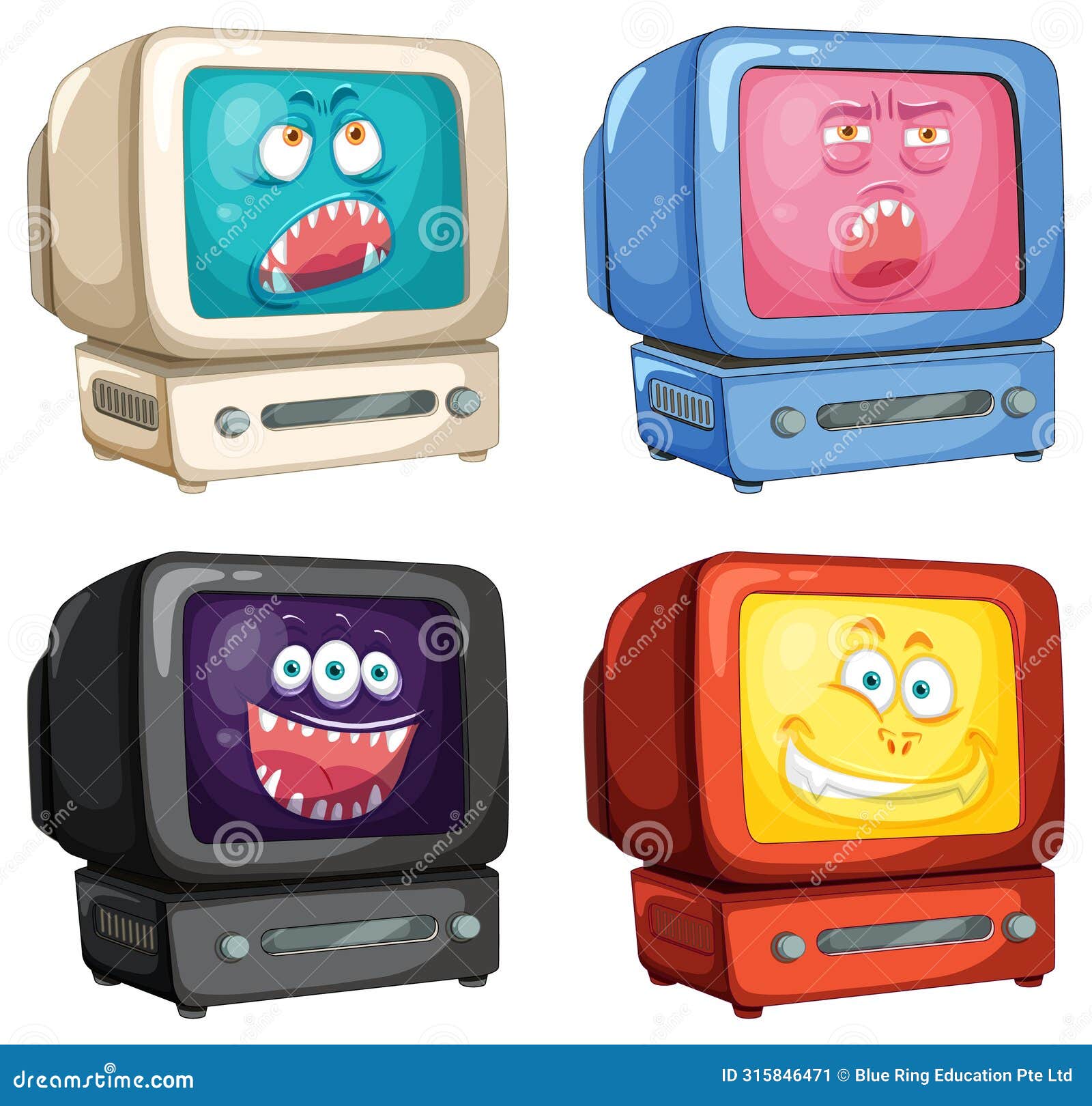Vintage TVs with Expressive Cartoon Faces Stock Vector - Illustration ...