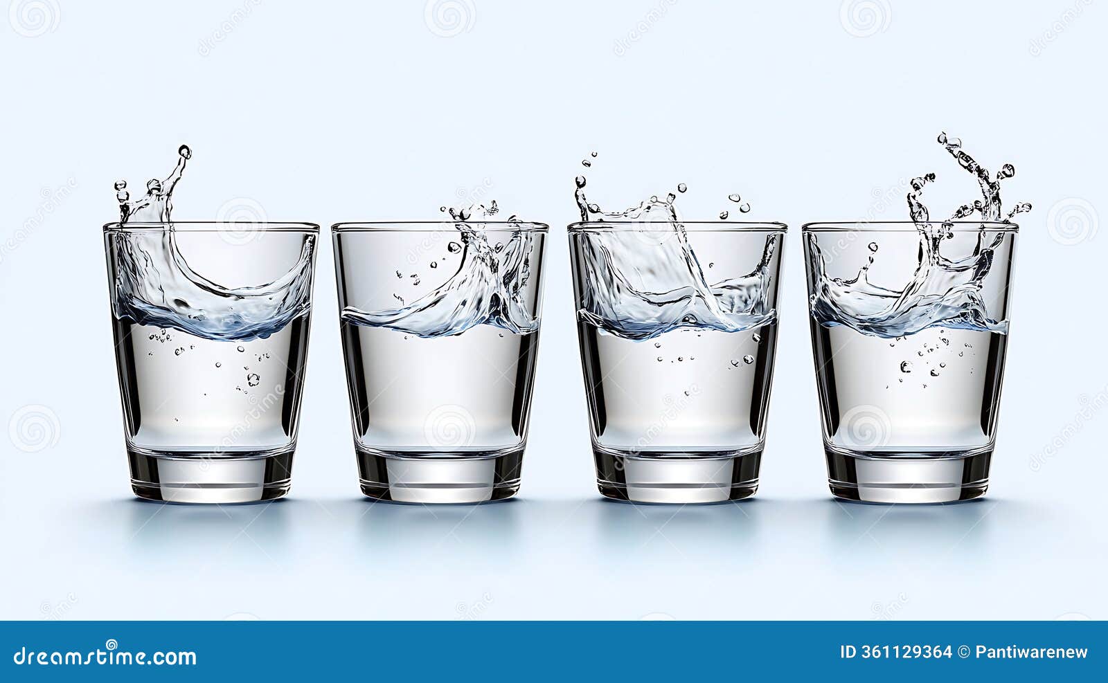 Four Water Glasses with Splash Effect on Light Blue Background Stock ...