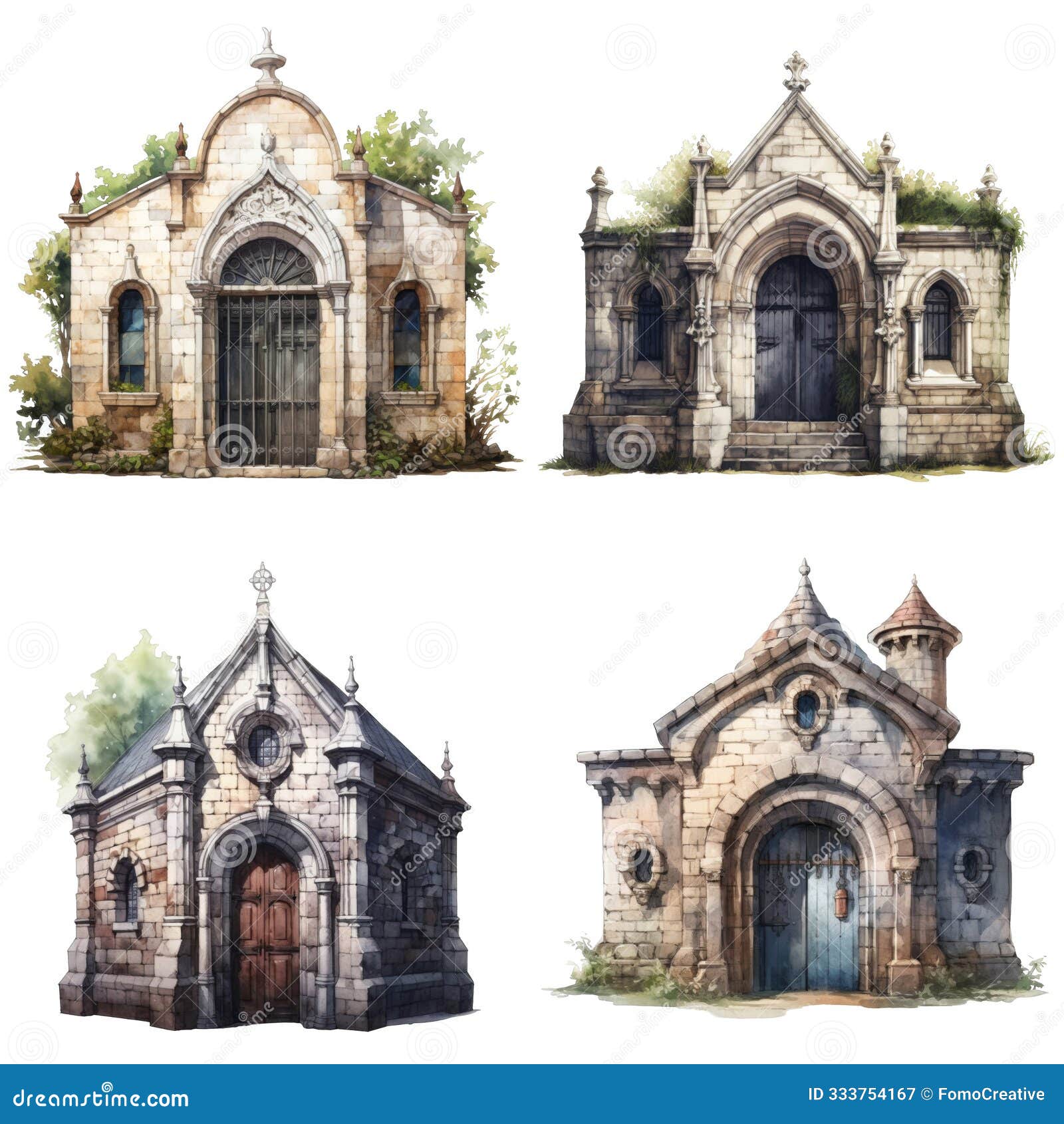 Four Watercolor Paintings of Old Stone Structures with Arched Entrances ...
