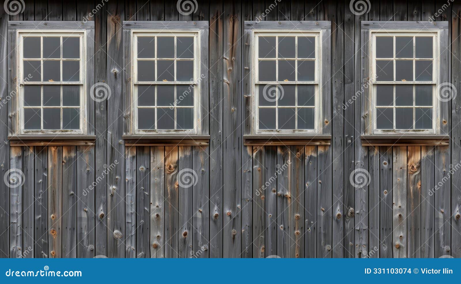 Four Weathered Windows on a Rustic Grey Barn in a Row, Wooden Wall with ...