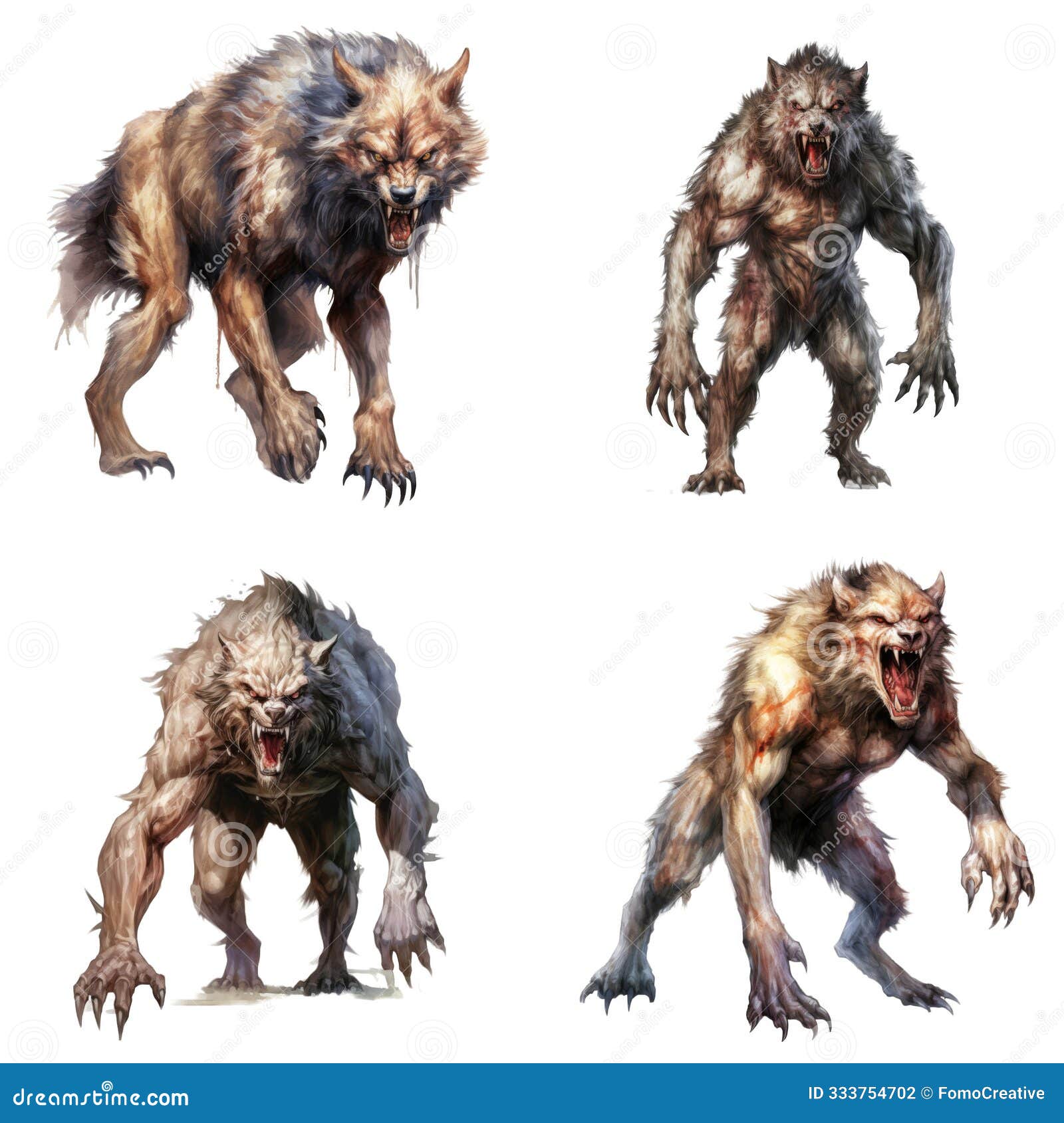 Four Werewolves With Different Fur And Muscle Tone Royalty-Free Stock ...