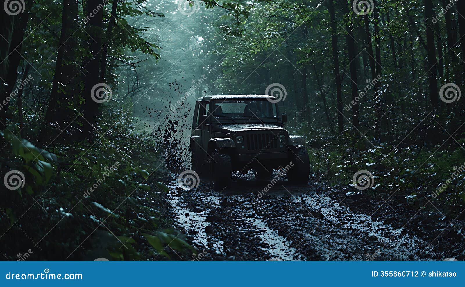 A Four-wheel Drive Vehicle Drives through a Muddy Forest Path Stock ...