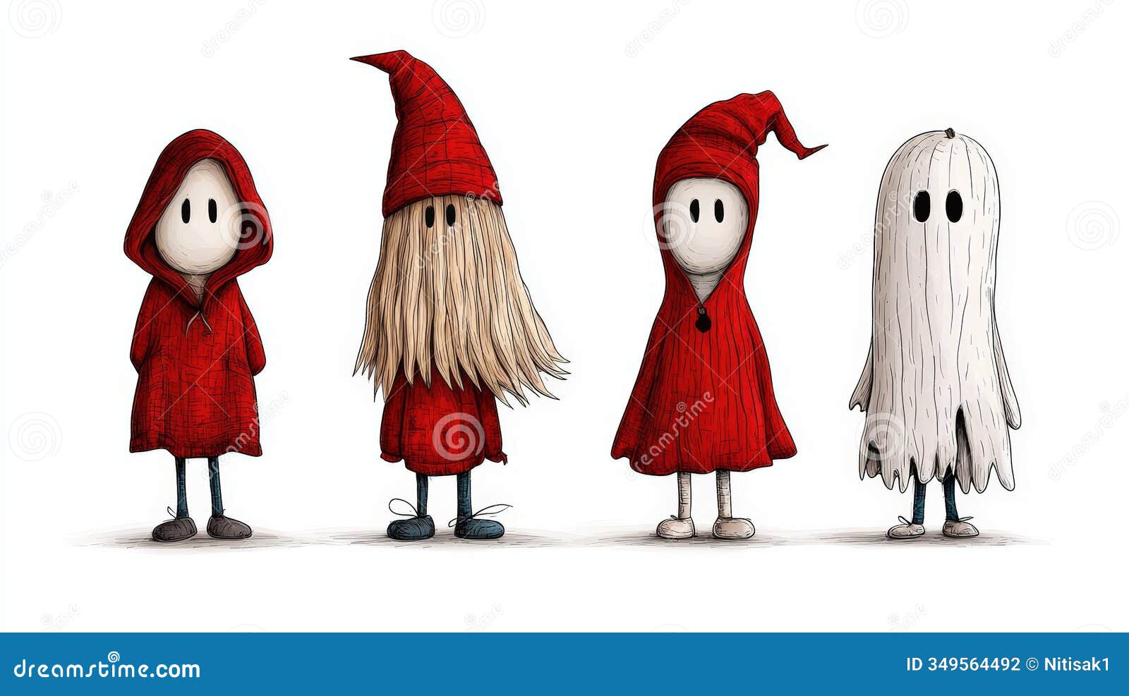 Four Whimsical Characters in Red Hoods and a Ghostly Figure White ...
