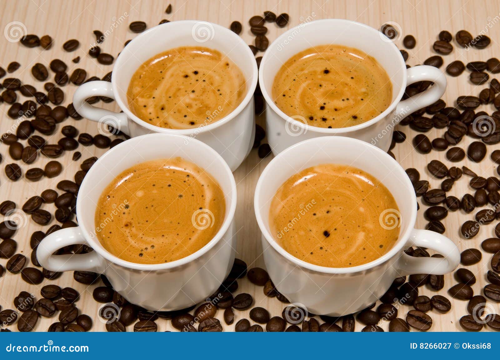 Four White Cups with Hot Coffee Stock Image - Image of heat, coffee ...