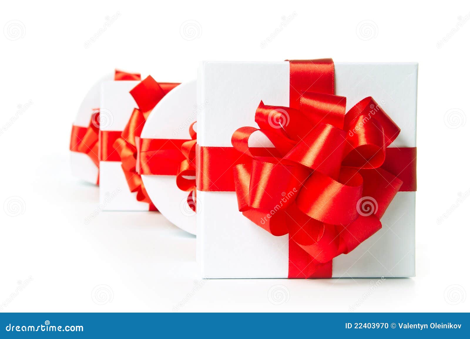 Four White Gift Boxes with Red Satin Ribbon Stock Photo - Image of ...