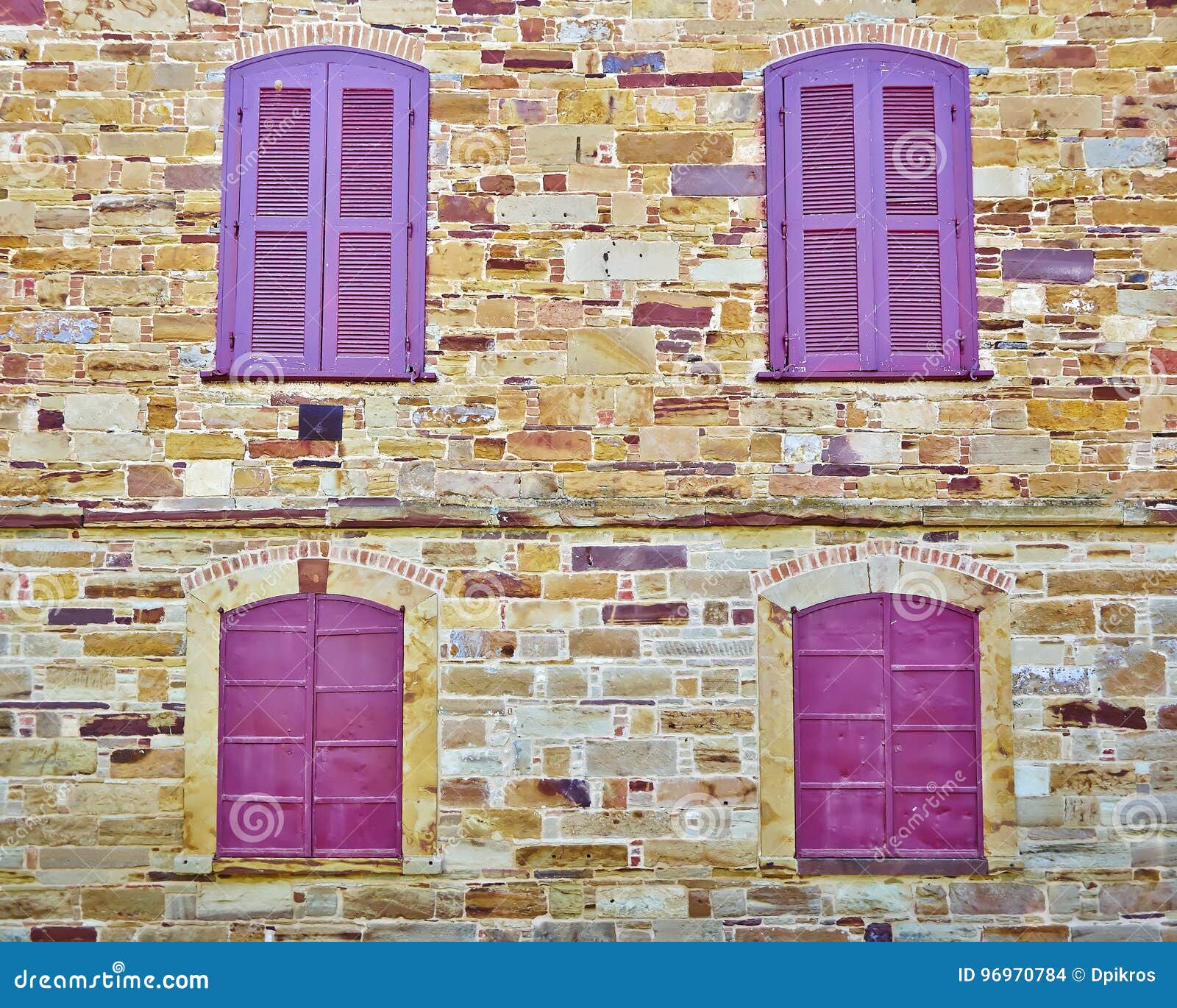 Four Windows on Old Stone Wall Stock Photo - Image of style, building ...