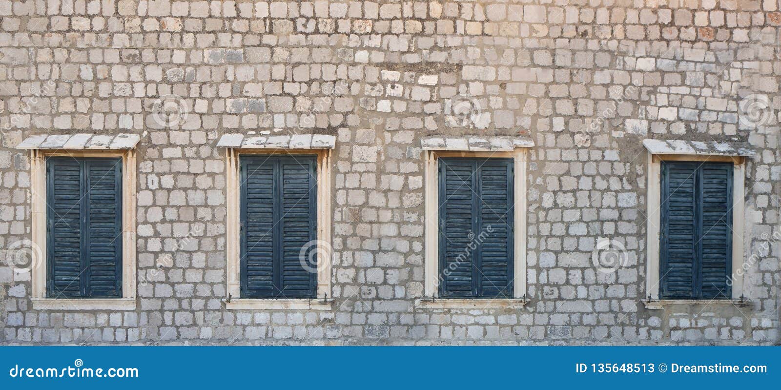Four Windows in Old Wall with Closed Blue Shutters Stock Image - Image ...