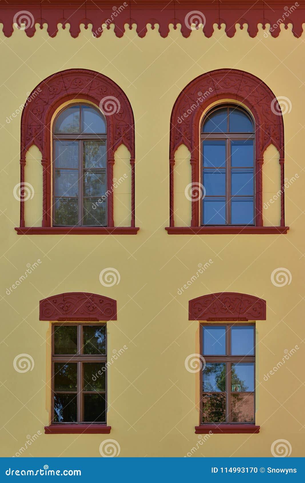 Four Windows on Yellow Wall with Decoration Stock Photo - Image of ...